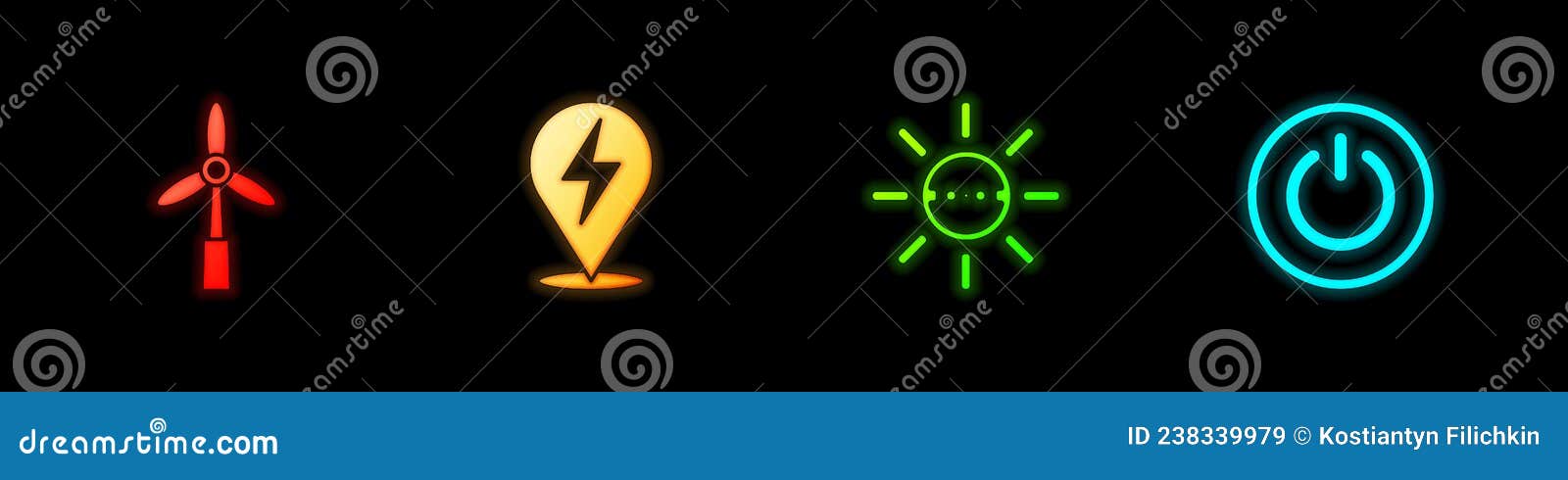 Set Wind Turbine, Lightning Bolt, Solar Energy Panel and Power Button ...