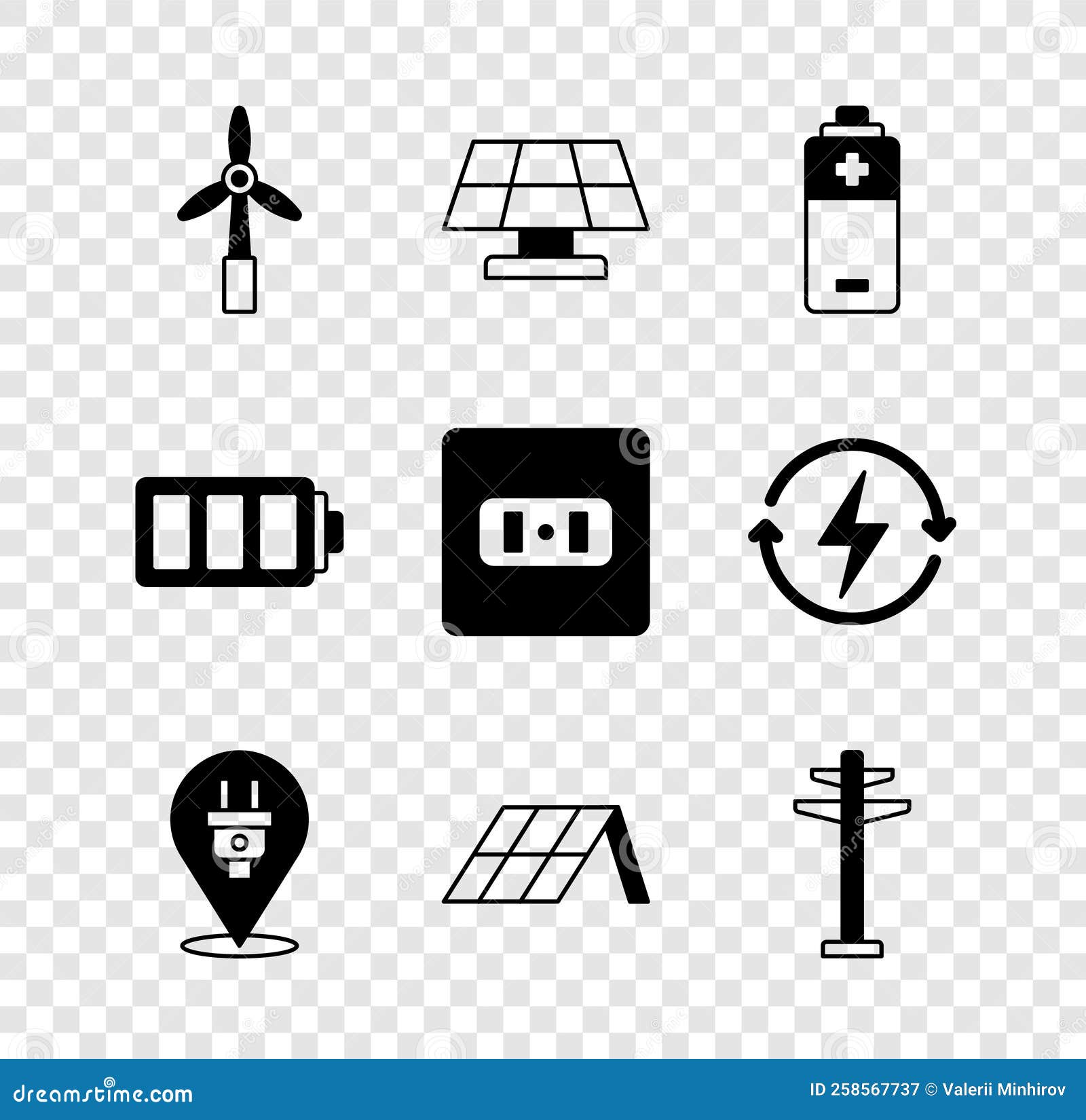 Set Wind Turbine, Solar Energy Panel, Battery, Electric Plug, Tower ...