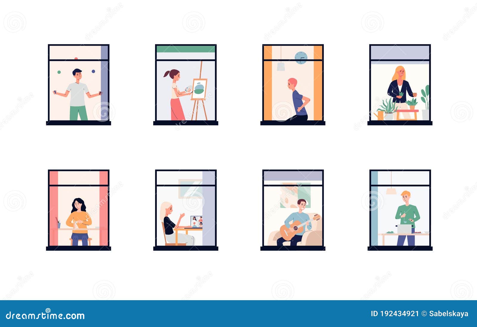 Windows with People Engaged Home Activity Flat Vector Illustration ...