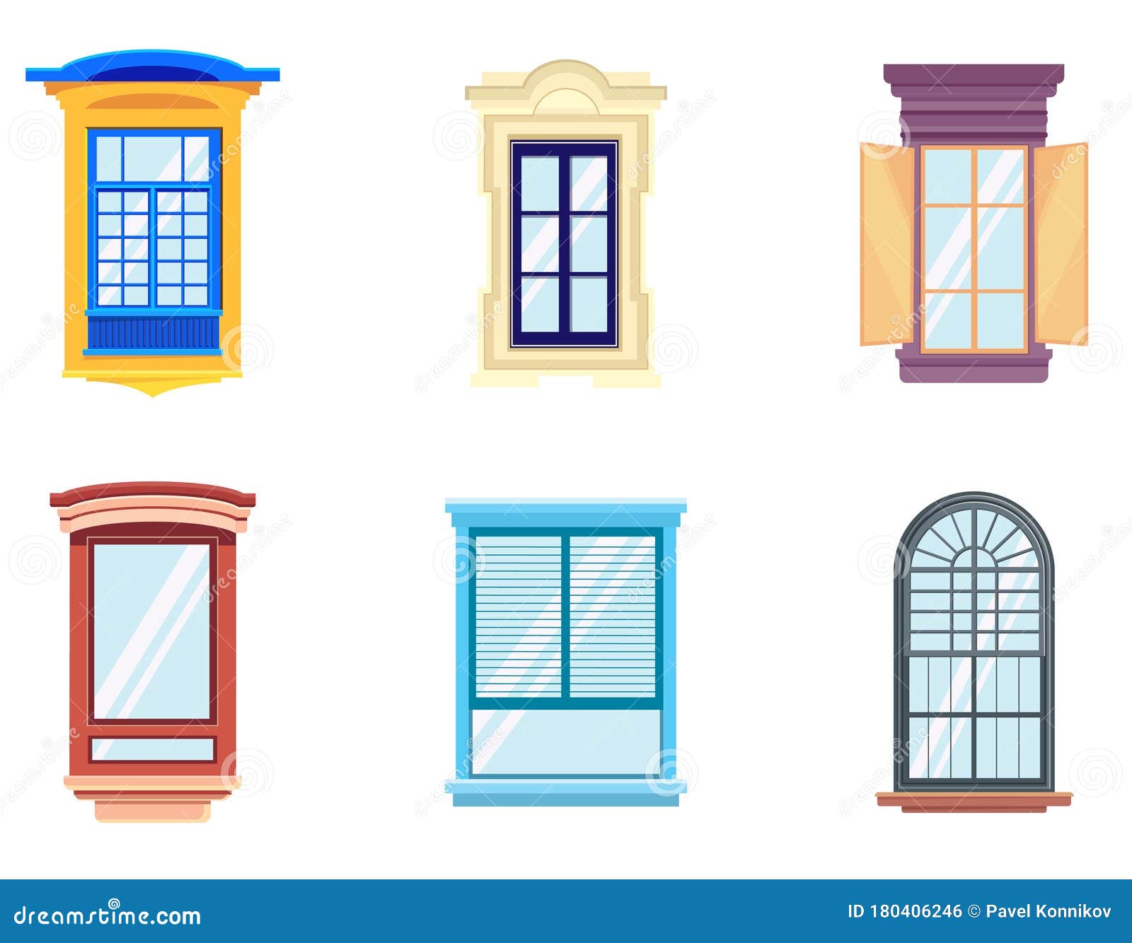 Set of Windows in Cartoon Style. Stock Vector - Illustration of bright ...