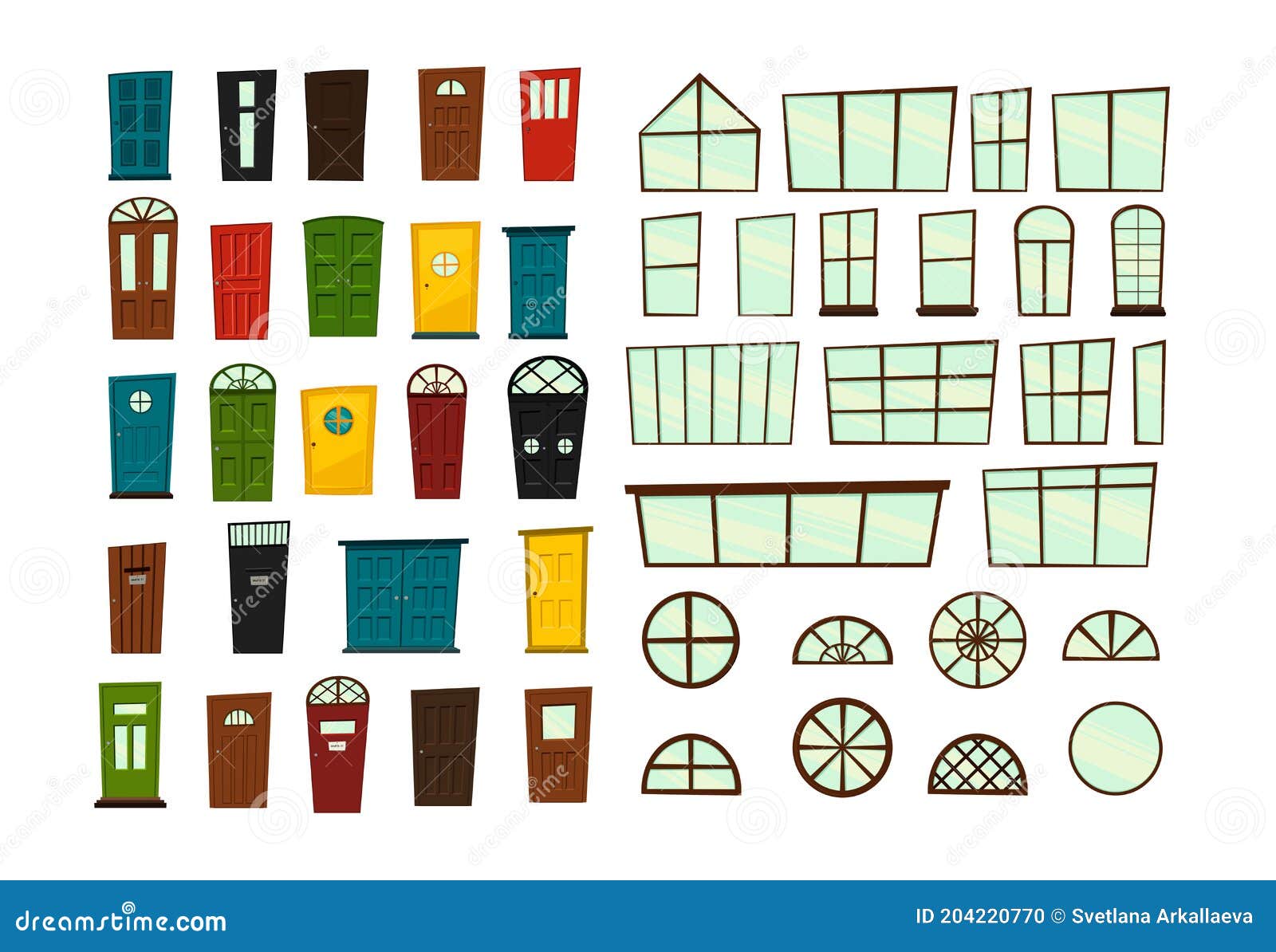 Set of Windows and Doors for Construction. Cartoon Style. Vector ...
