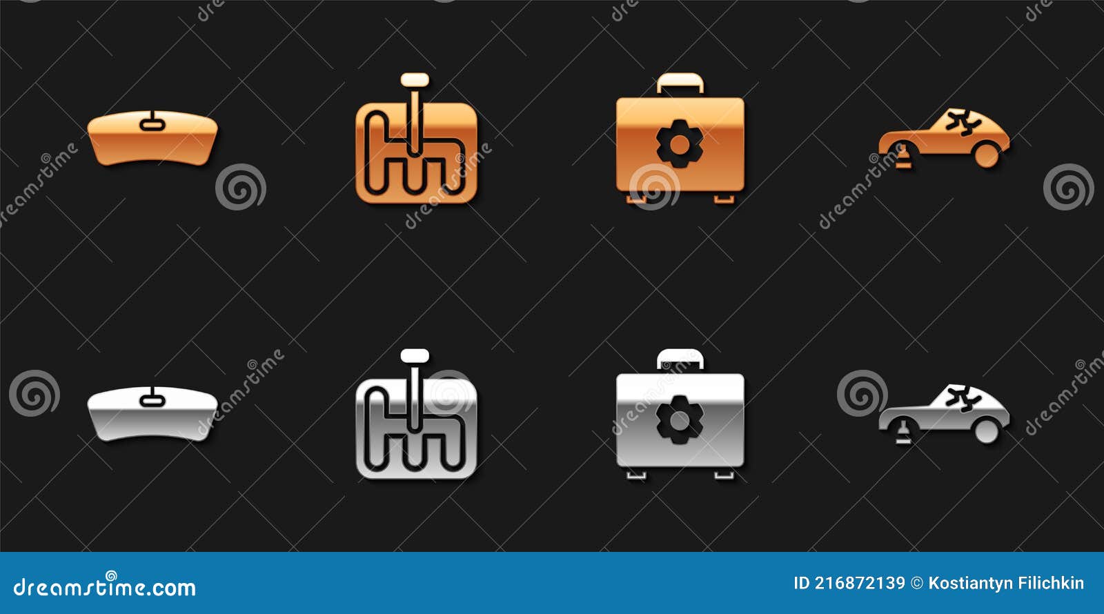 Set Windshield, Gear Shifter, Toolbox and Broken Car Icon. Vector Stock ... Set Windshield, Gear Shifter, Toolbox and Broken Car Icon. Vector Stock ...