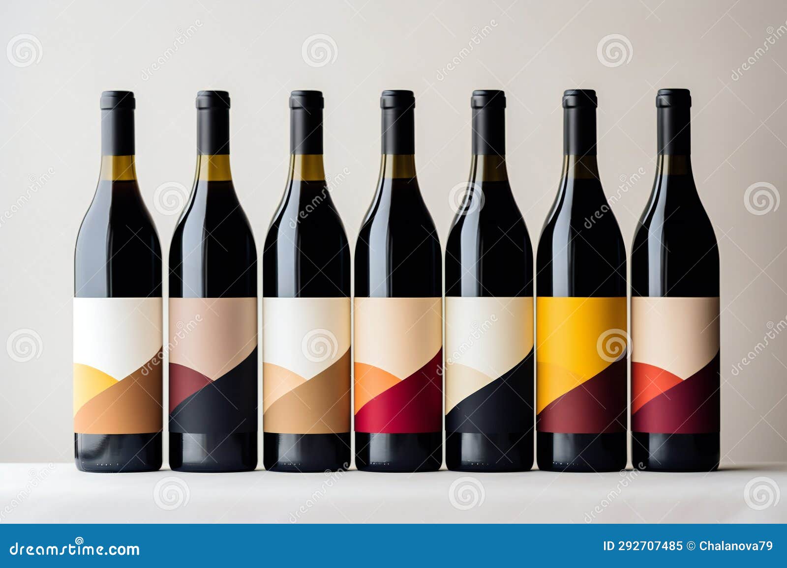 Set of Bottles of Wine with Abstract Labels in Row Stock Illustration ...