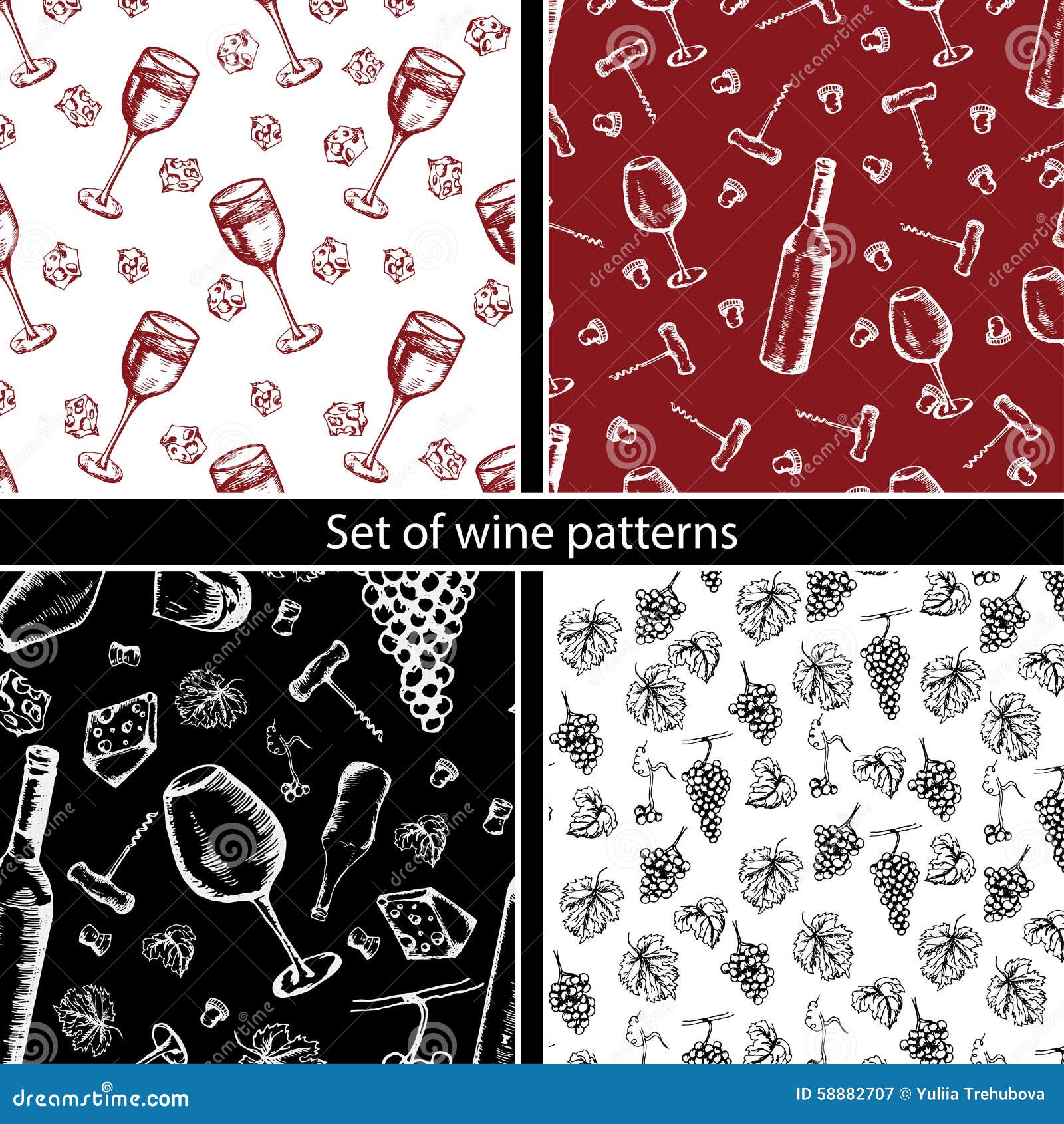 Set of Wine Seamless Pattern. Vector Texture in Hand Draw Style Stock ...