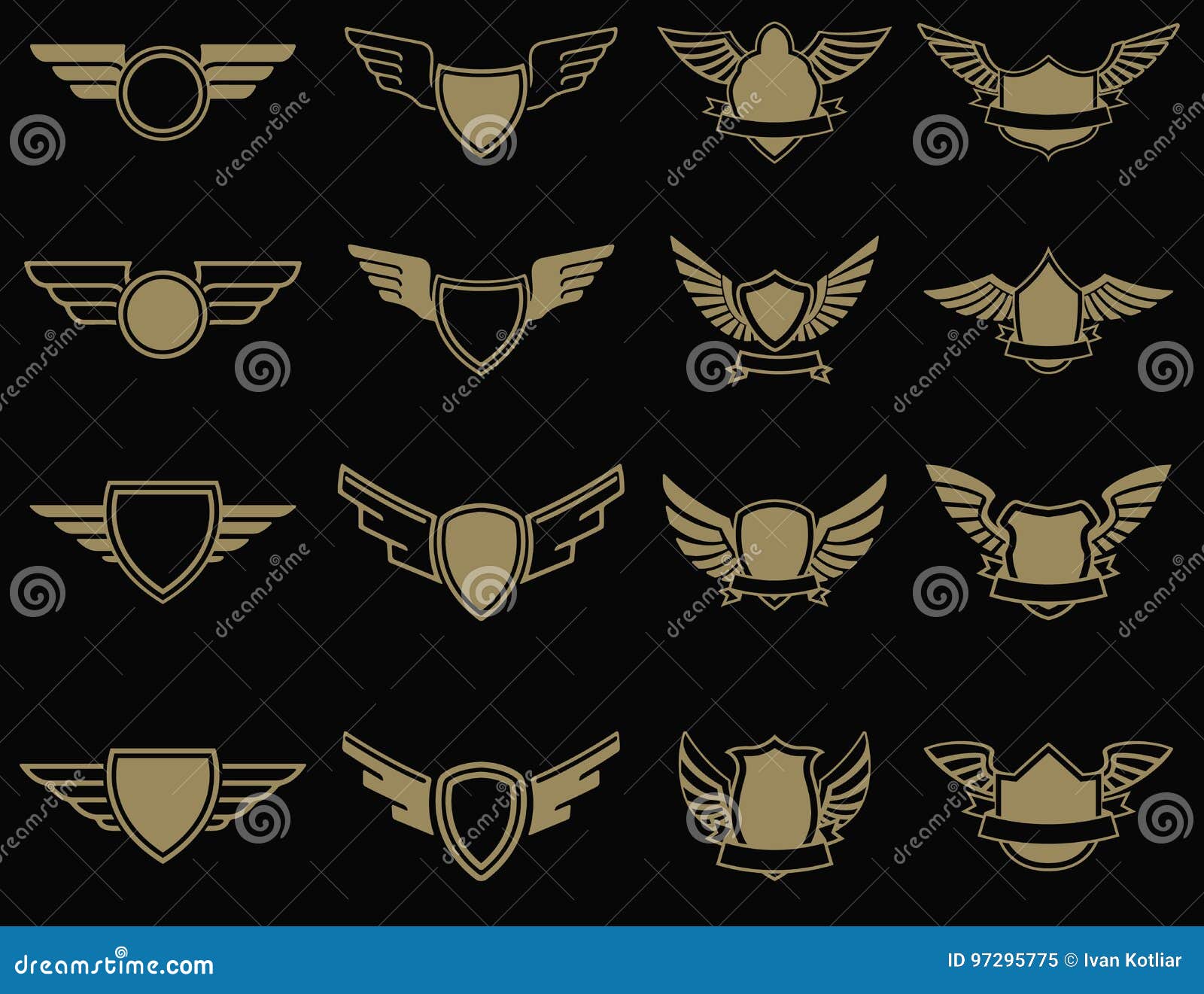 Set of Winged Emblems in Golden Style. Design Elements for Logo, Label ...