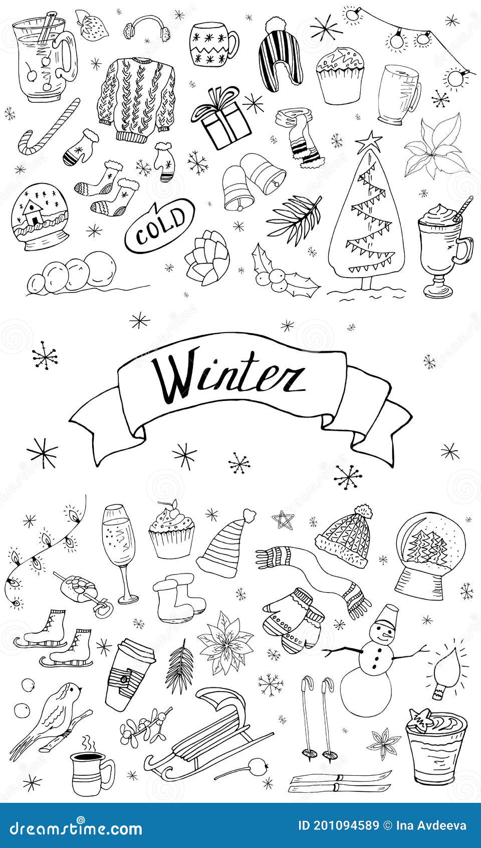 Winter Elements Drawn in a Doodles Style. Stock Vector - Illustration ...