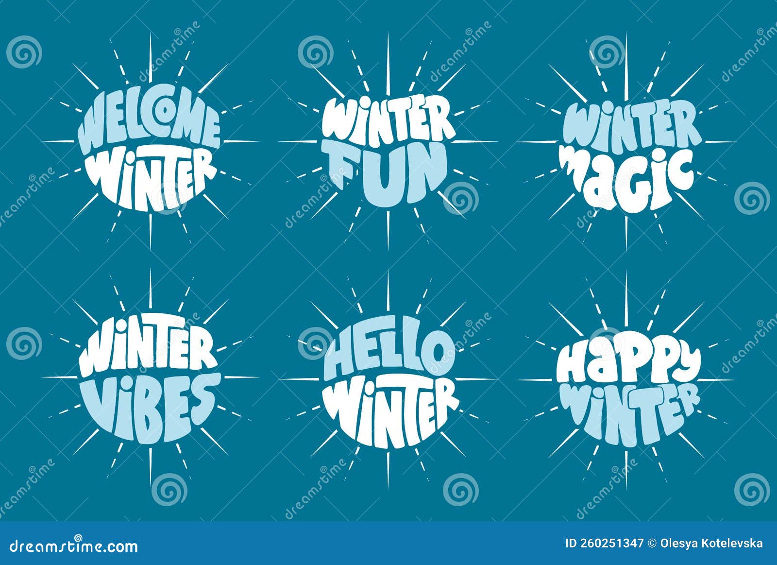Set of Winter Lettering Quotes with Rays on the Blue Background Stock ...