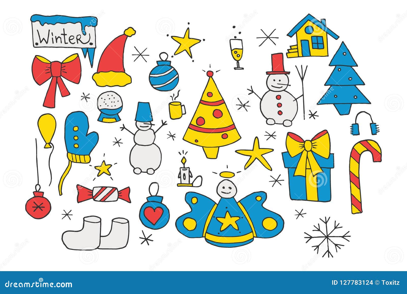 Set of Winter Objects, Doodle Cartoon Vector Illustration Stock ...