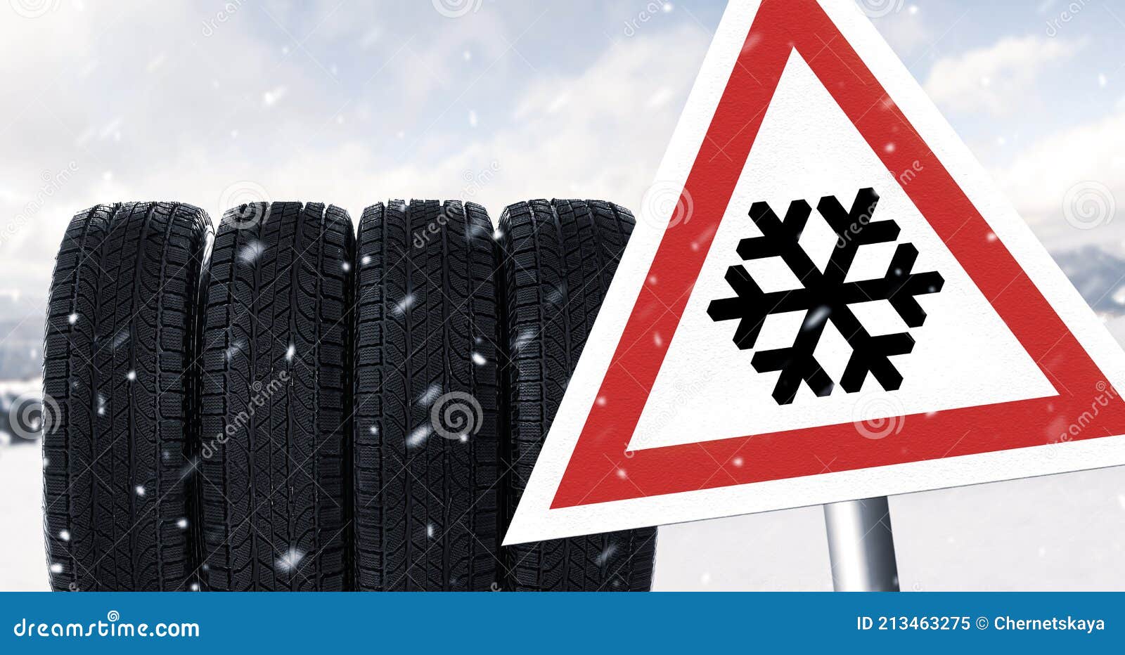 Set of Winter Tires and Road Sign Outdoors Stock Image - Image of black ...