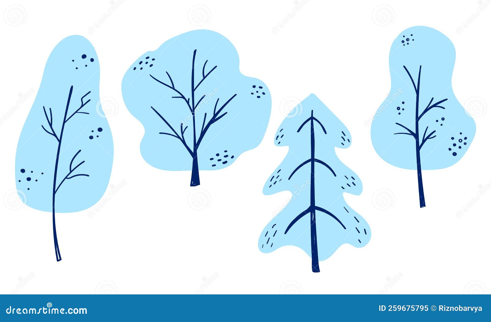 Set of Winter Trees with Doodle Elements Stock Vector - Illustration of ...