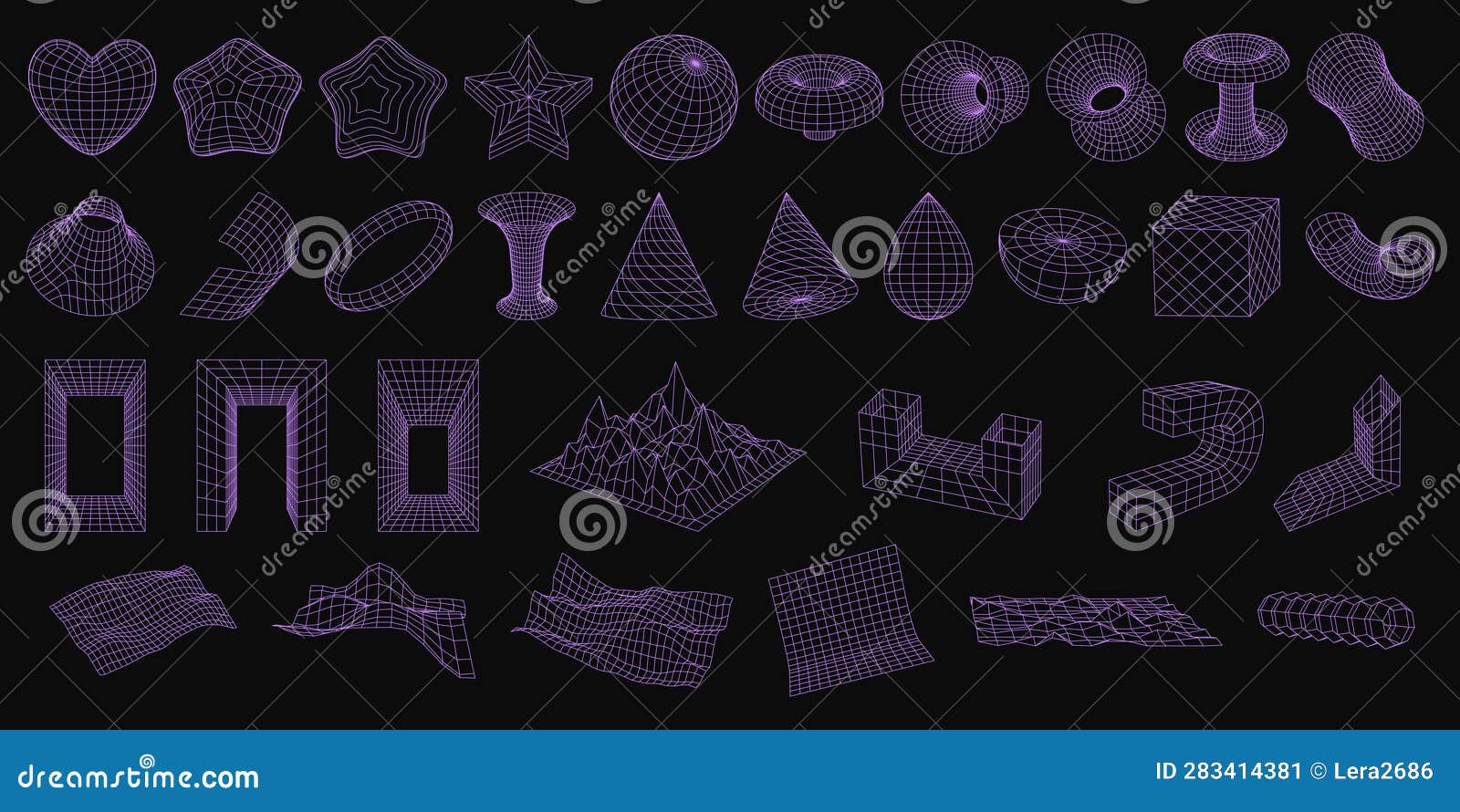 Set of Wireframe 3D Geometric Shapes. Abstract Figures, Distorted Mesh ...