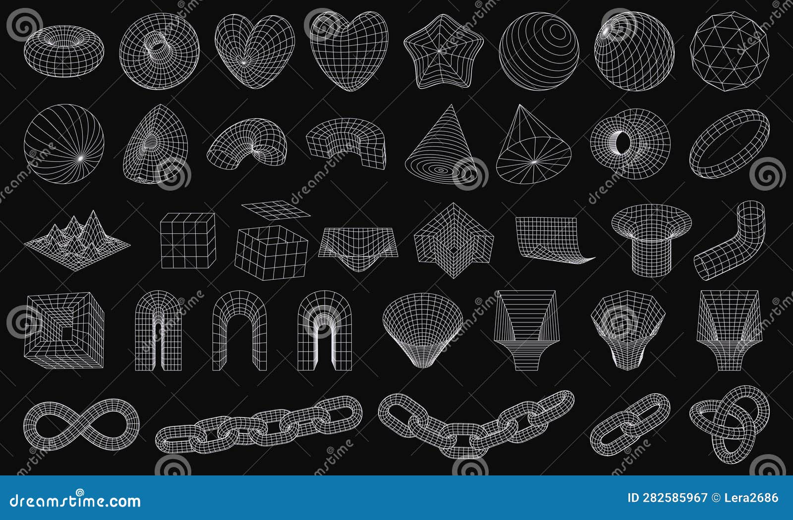 Set of Wireframe 3D Geometric Shapes. Wire Frame Abstract Figures. Distorted Mesh Grids Stock ...
