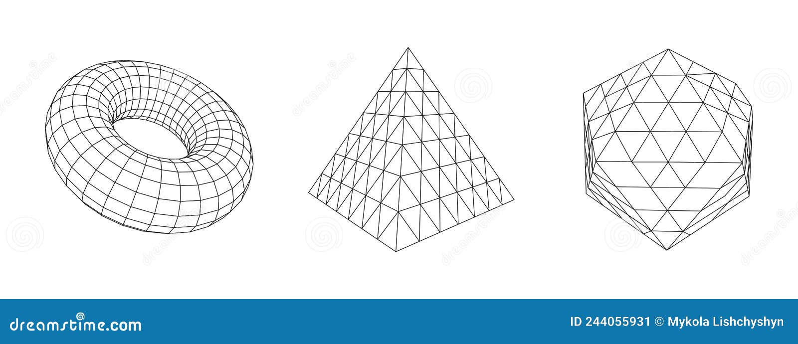 Set of Wireframe Torus, Cone and Octagon. Vector Abstract Geometric 3D ...