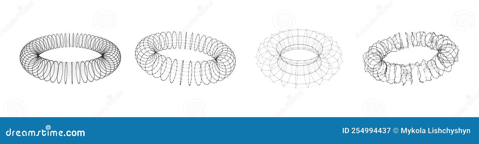 Set of Wireframe Torus. Vector Abstract Geometric 3D Objects. Technology Block Chain Network ...