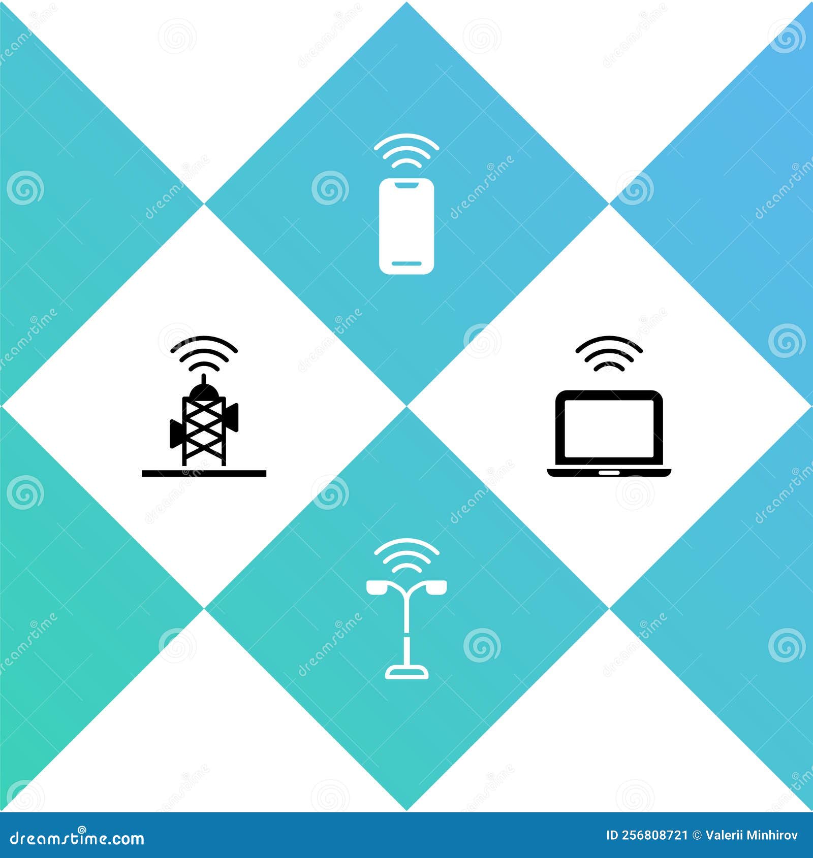 Set Wireless Antenna, Smart Street Light, Smartphone and Laptop Icon ...