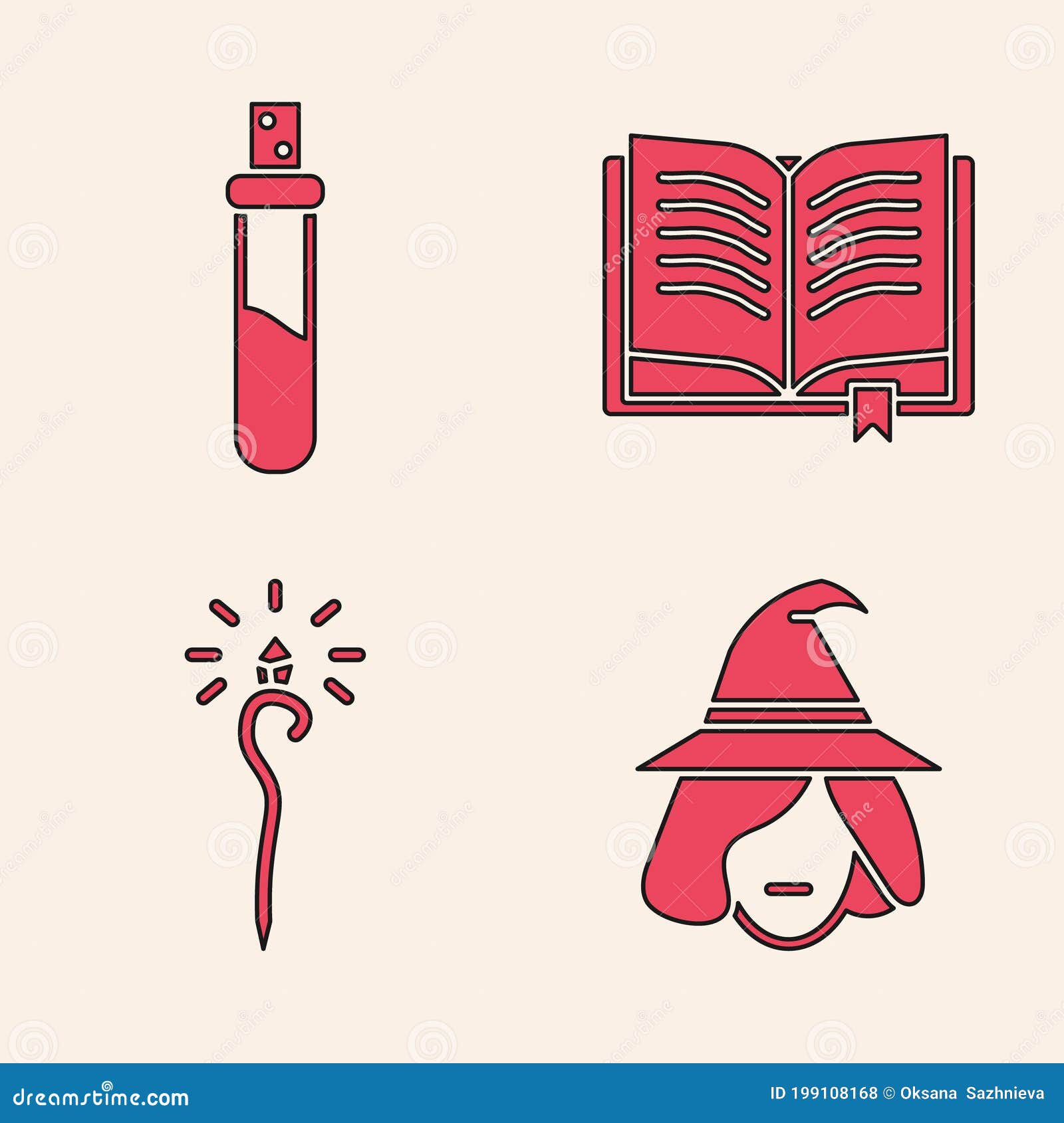 Set Witch, Bottle with Love Potion, Ancient Magic Book and Magic Staff ...