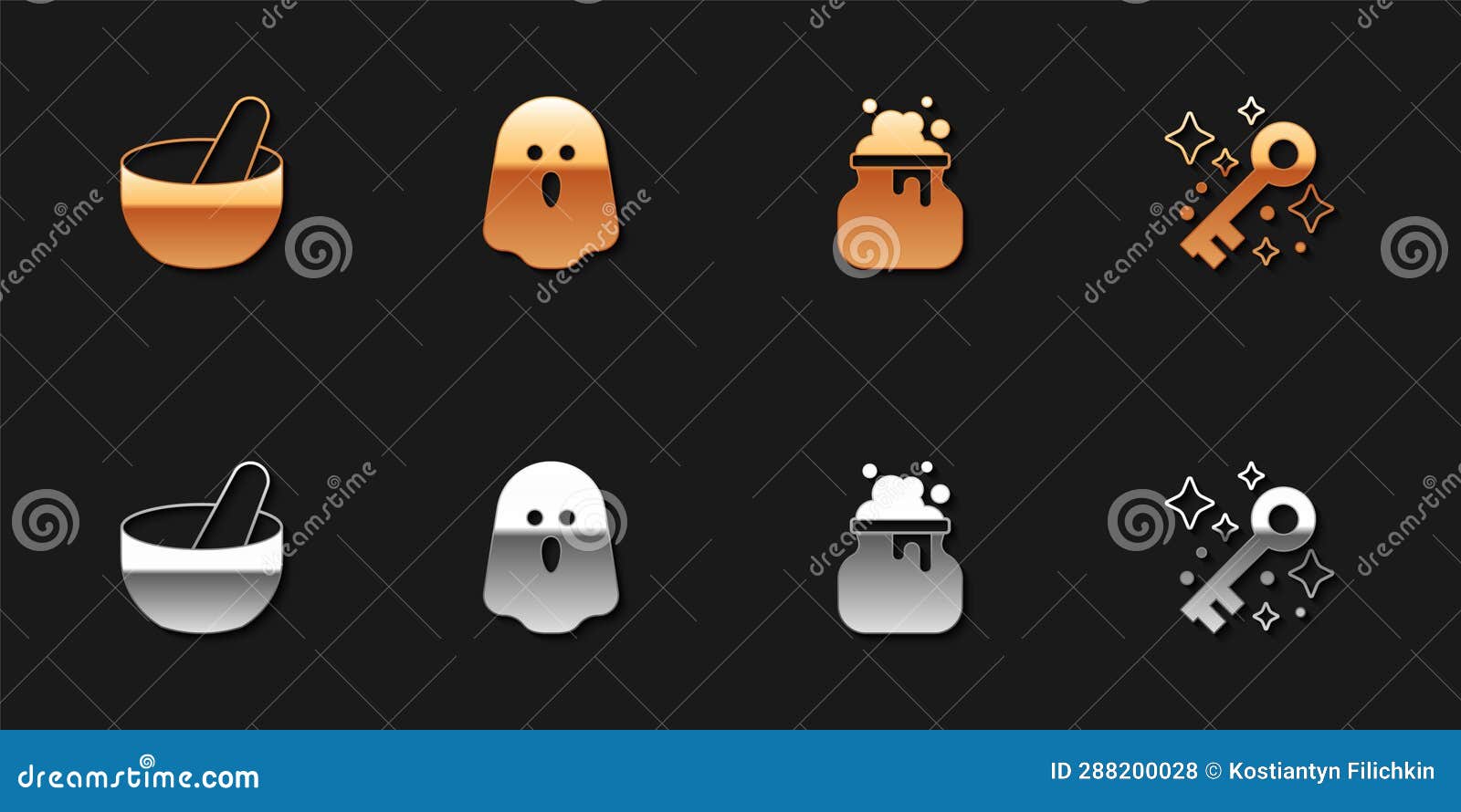 Set Witch Cauldron, Ghost, and Old Magic Key Icon. Vector Stock ...