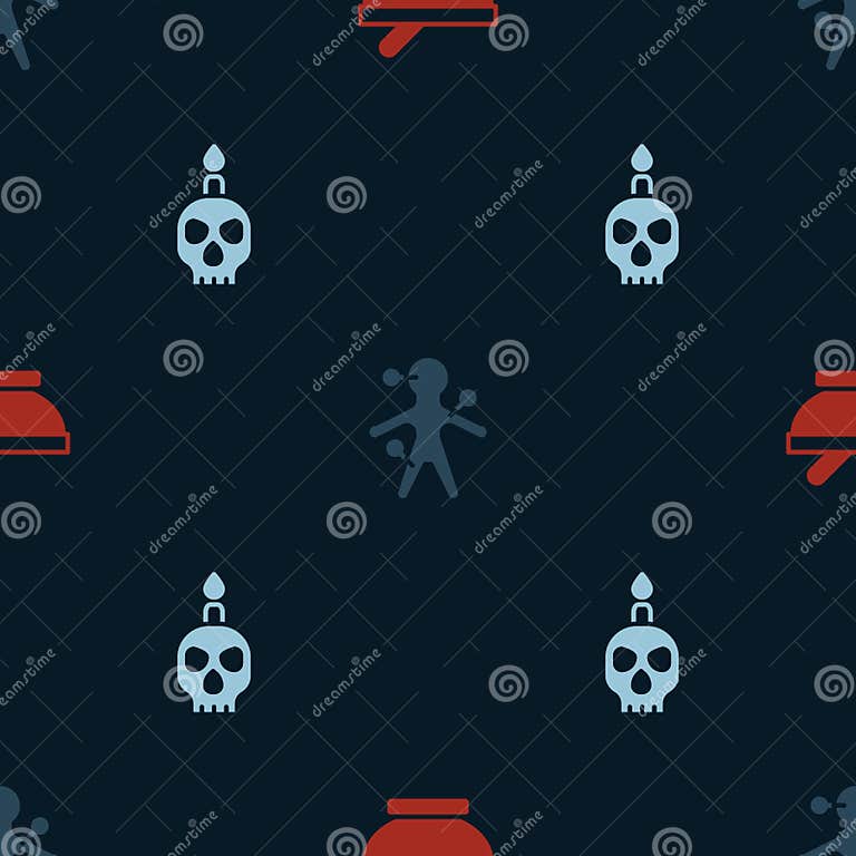 Set Witch Cauldron, Voodoo Doll and Burning Candle Skull on Seamless ...