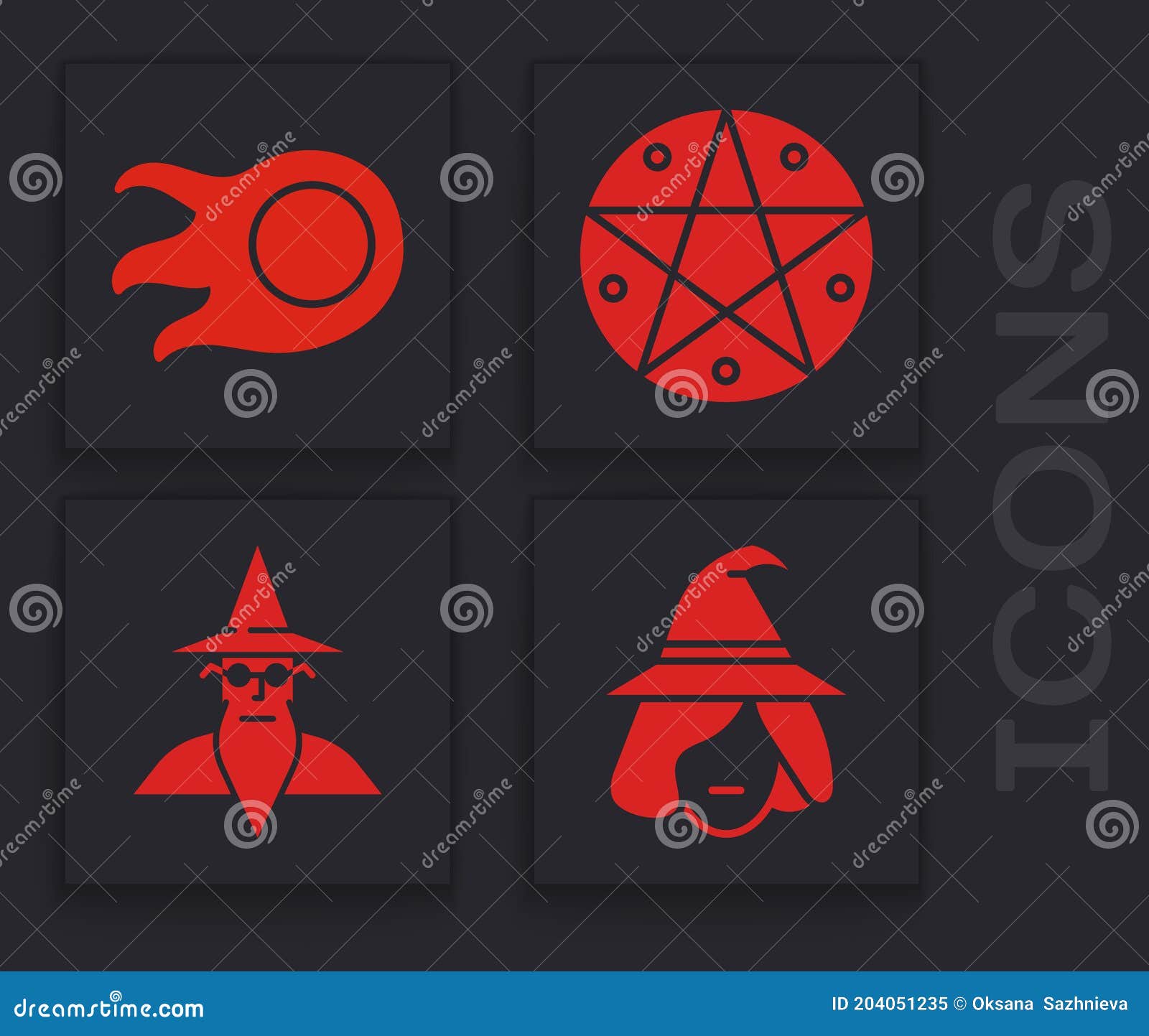 Set Witch, Fireball, Pentagram in a Circle and Wizard Warlock Icon ...