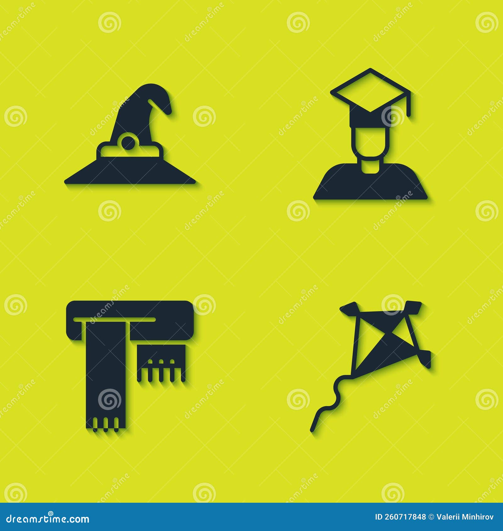 Set Witch Hat, Kite, Winter Scarf and Graduate and Graduation Cap Icon ...