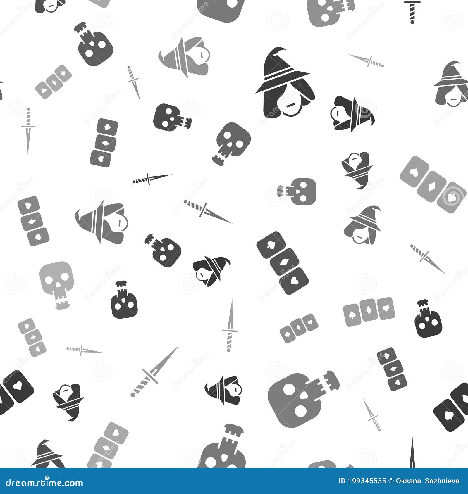 Set Witch, Skull, Playing Cards and Dagger on Seamless Pattern. Vector ...