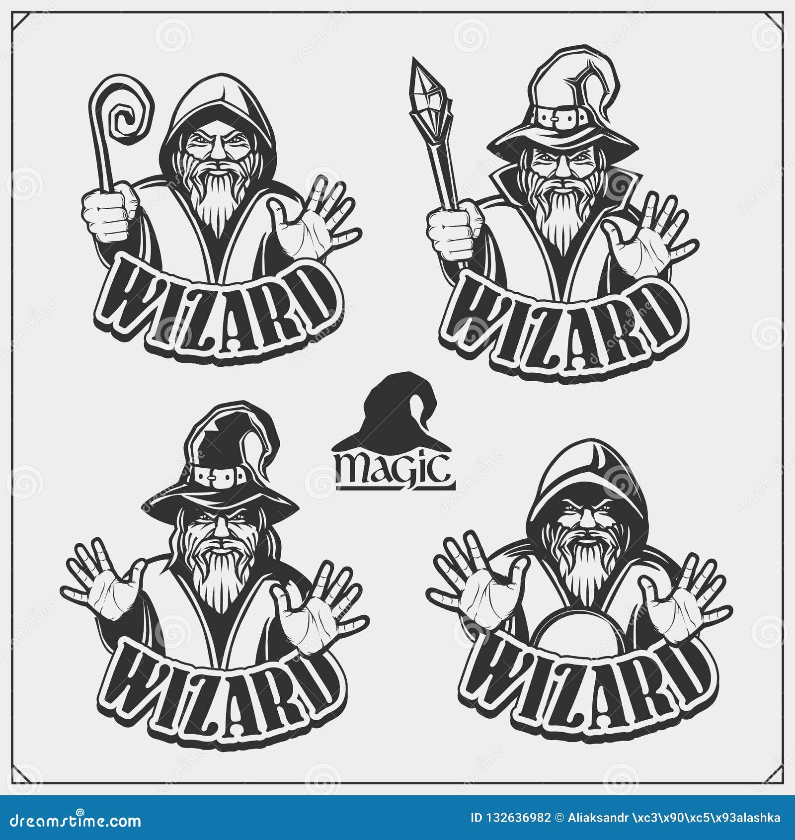 Set of Wizard or Magician Emblems, Labels and Design Elements ...