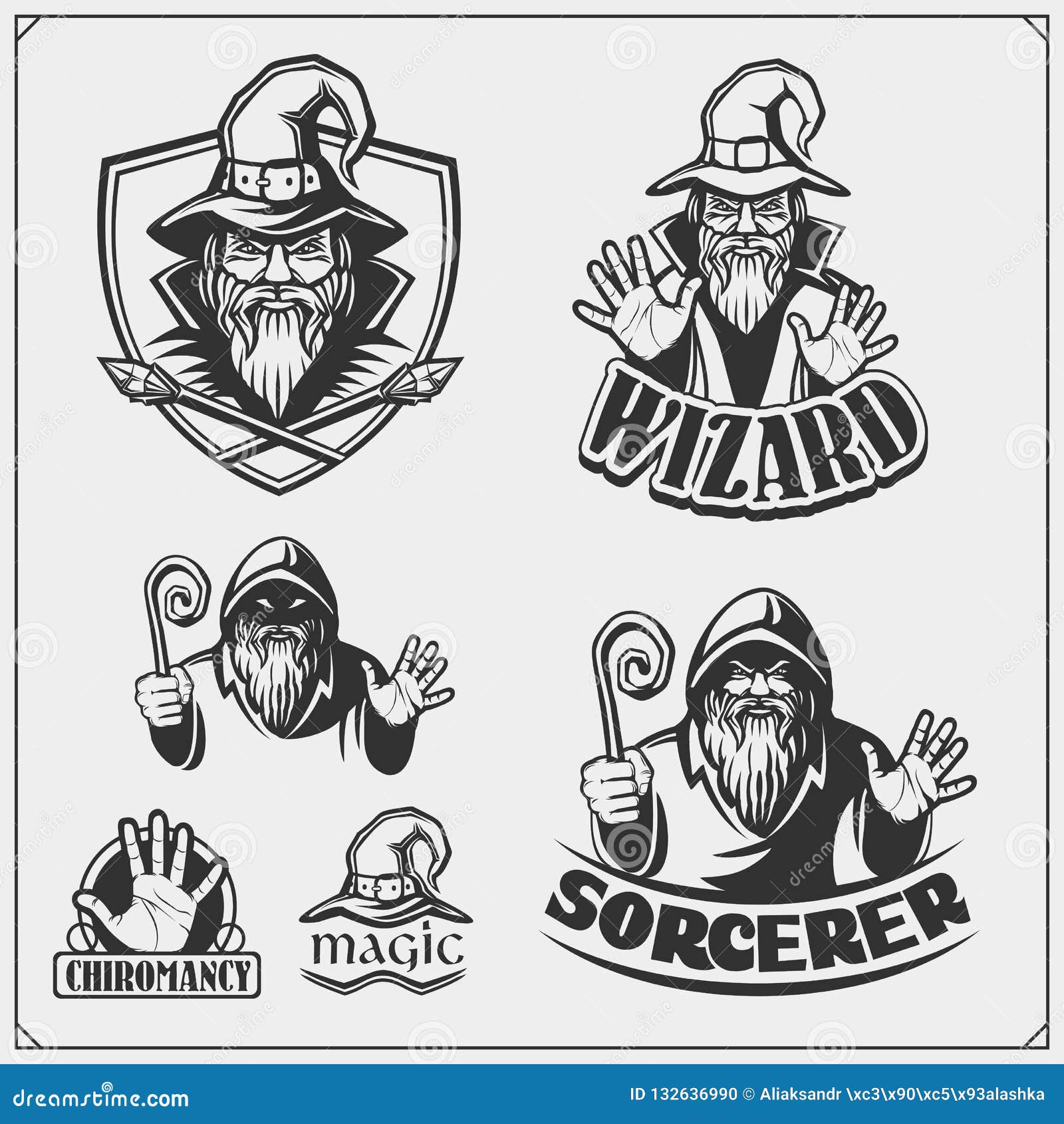 Set of Wizard or Magician Emblems, Labels and Design Elements ...