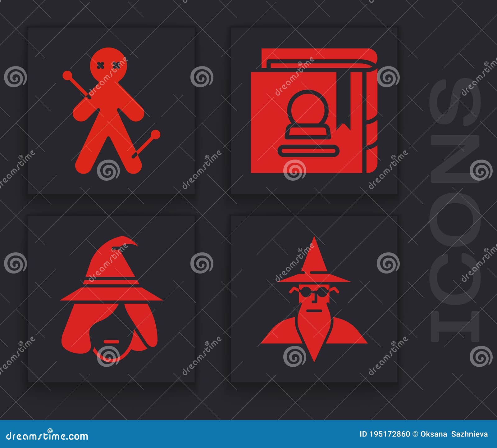 Set Wizard Warlock, Voodoo Doll, Ancient Magic Book and Witch Icon ...