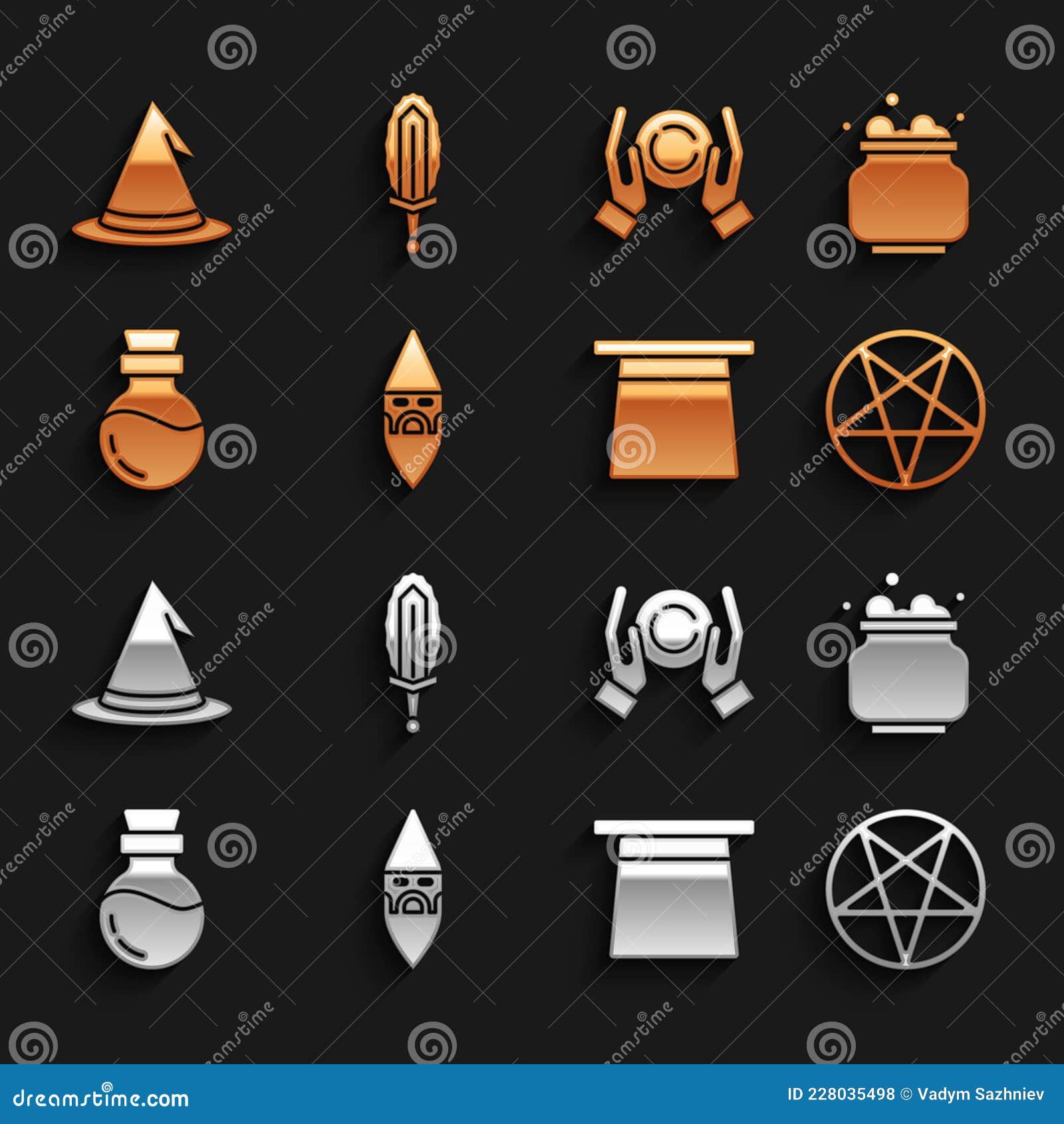 Set Wizard Warlock, Witch Cauldron, Pentagram in Circle, Magic Hat ...