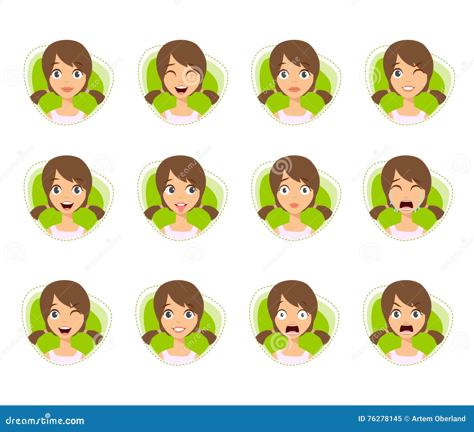 Set of Woman Avatar Expressions with Two Ponytails Stock Illustration ...