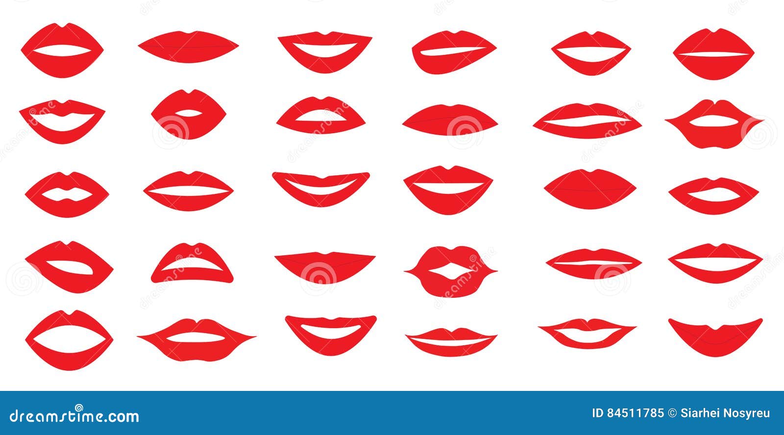 Set Of Woman`s Lips Different Form Of The Lips Different Emotions