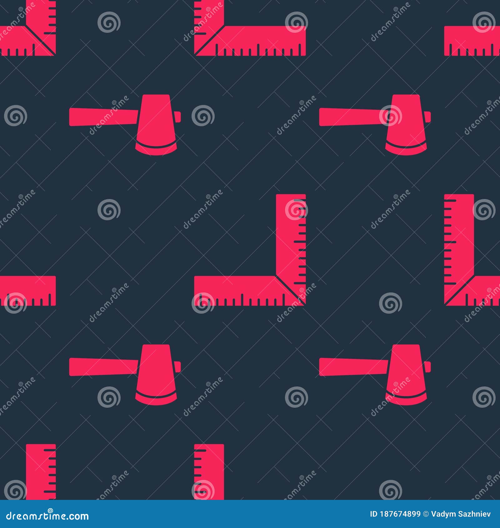 Set Wooden Axe and Corner Ruler on Seamless Pattern. Vector Stock ...