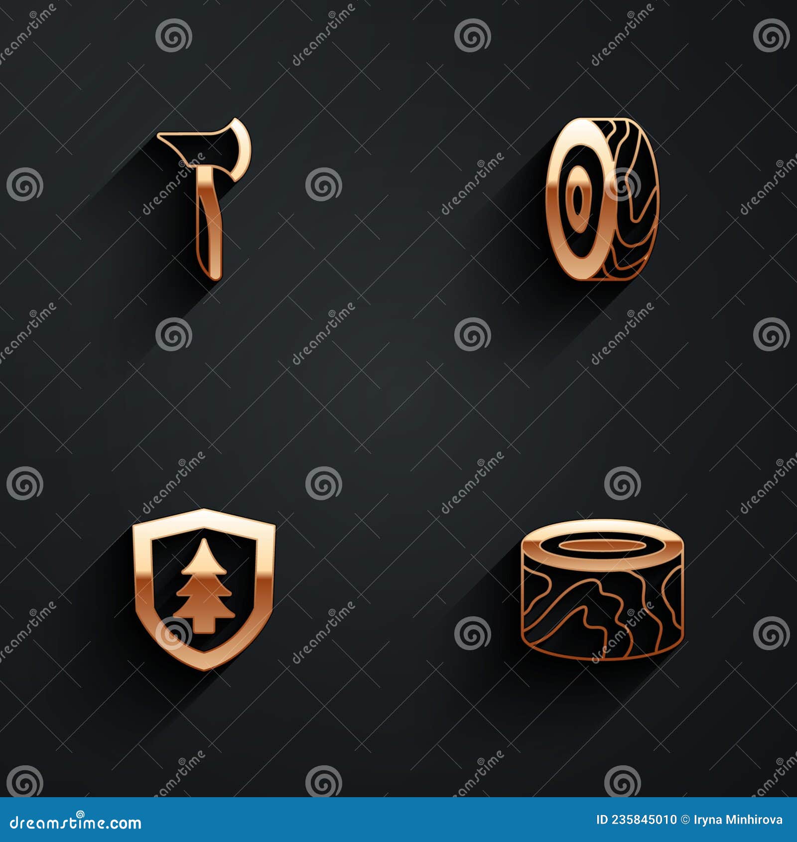 Set Wooden Axe, Tree Rings, Shield with Tree and Logs Icon with Long ...