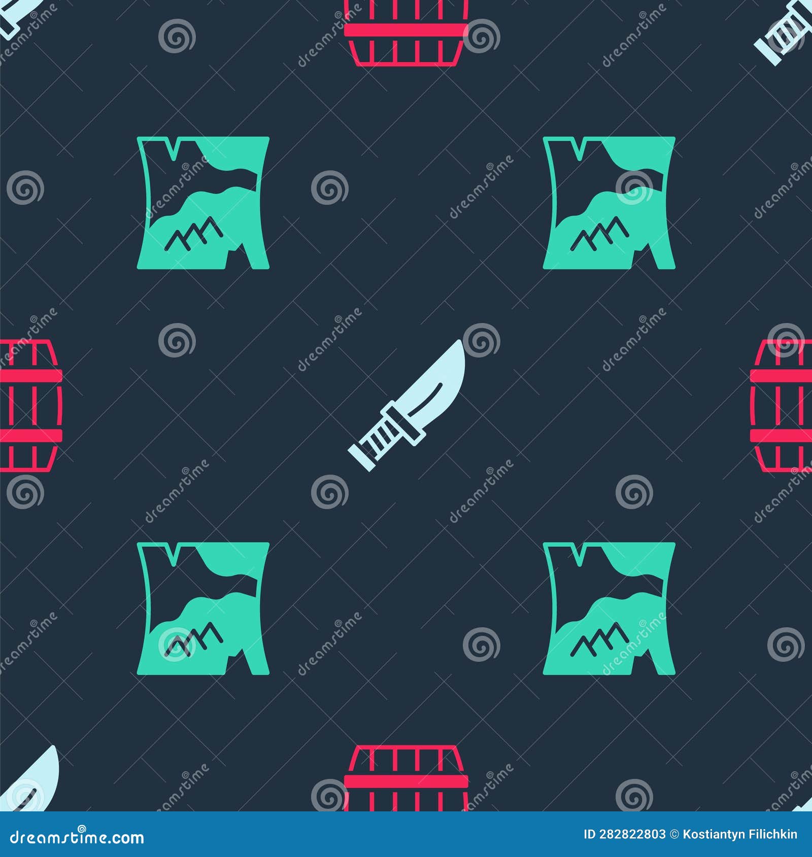 Set Wooden Barrel, Dagger and Folded Map on Seamless Pattern. Vector ...