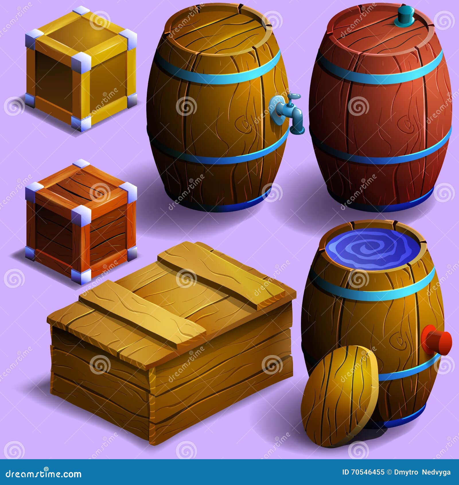 Set of Wooden Barrels and Boxes. Stock Vector - Illustration of freight ...