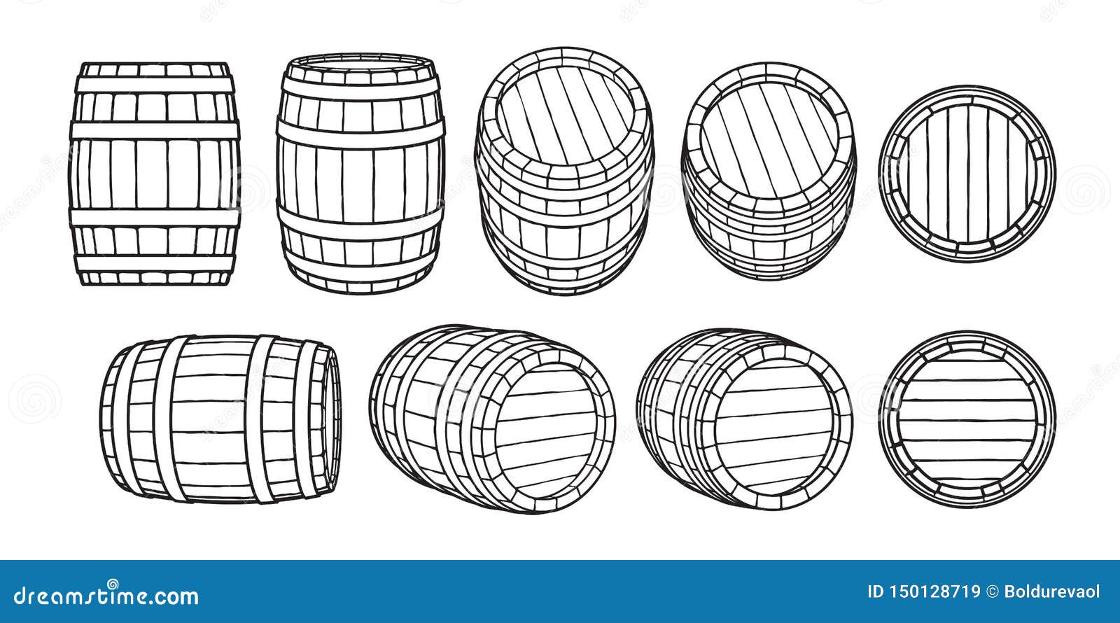 Set of Wooden Barrels in Different Positions. Front and Side View,black ...