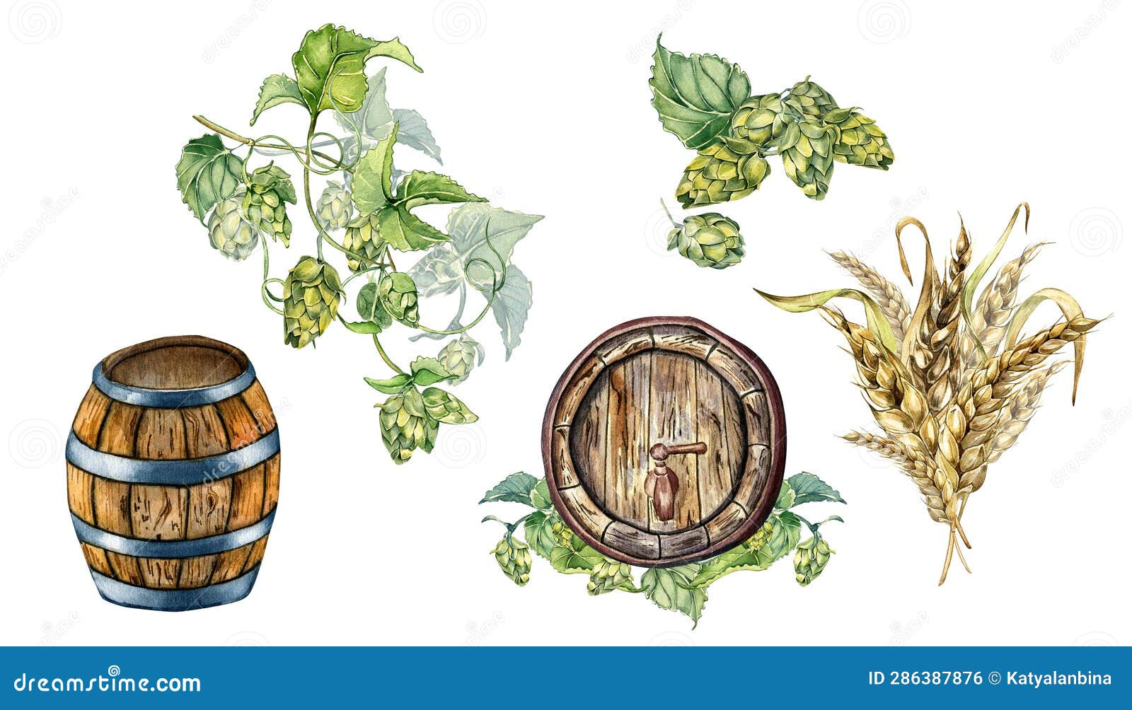 Set Of Wooden Beer Barrel And Hop Vine Wheat Ear Watercolor