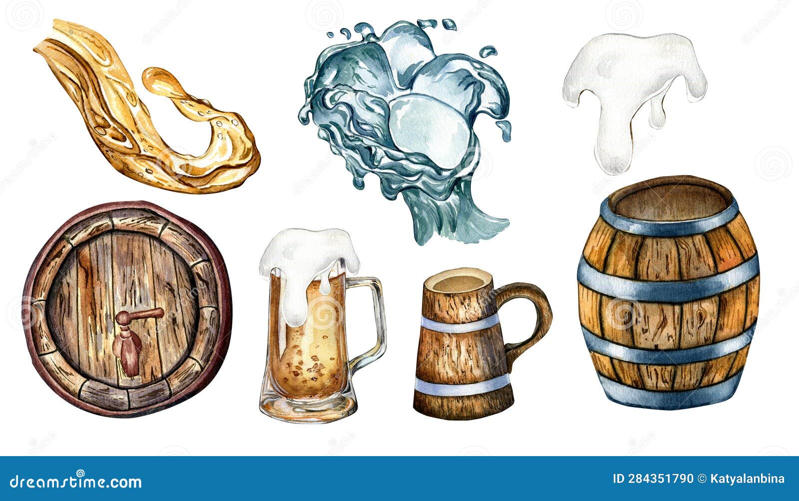 Set Of Wooden Beer Barrel Water Splash Foam Watercolor Illustration