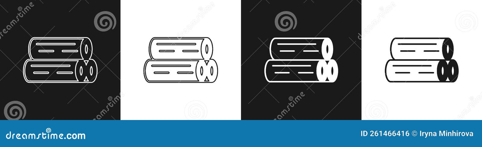 Set Wooden Log Icon Isolated on Black and White Background. Stack of ...