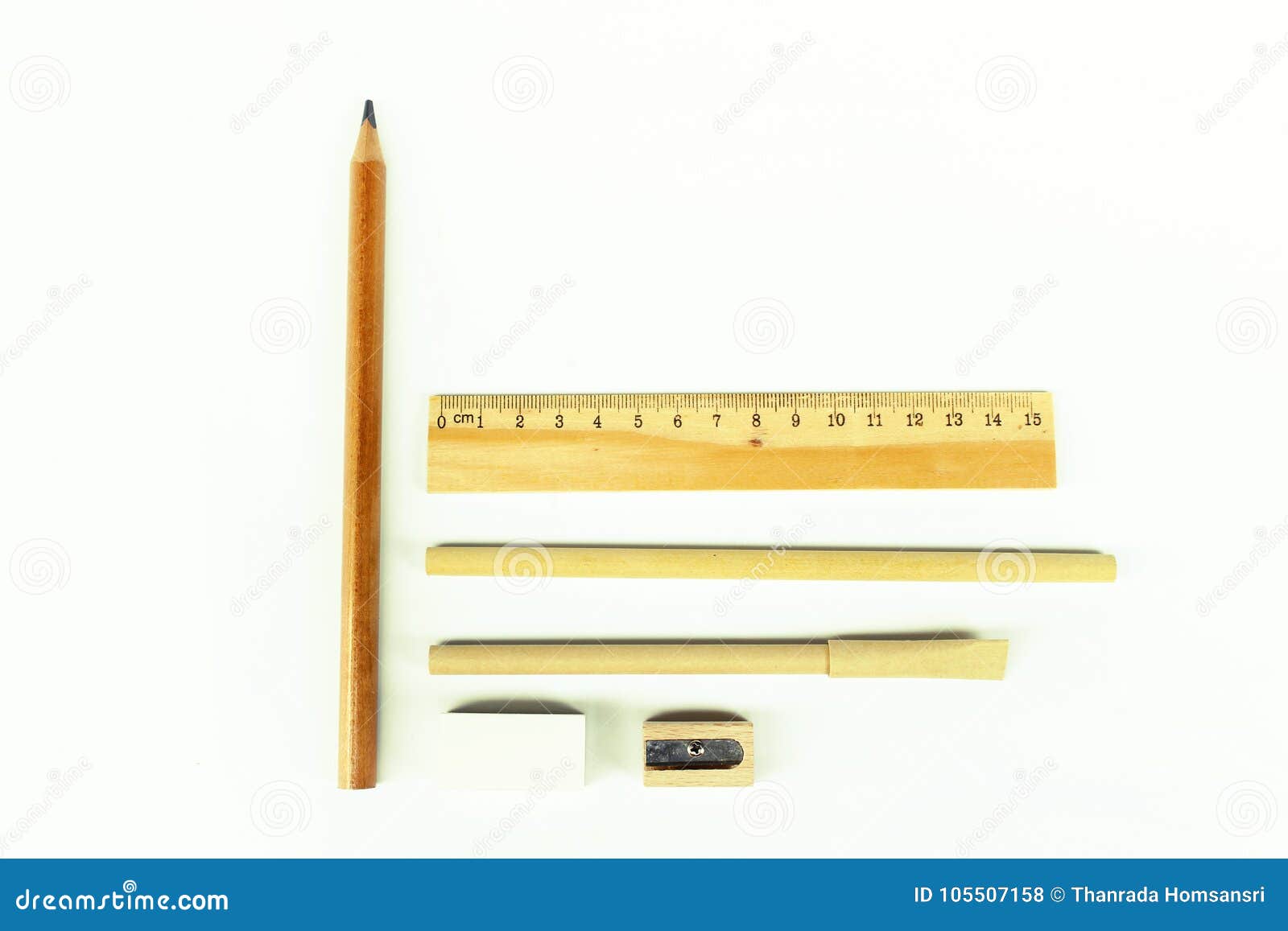 Set of Wooden Writing Tools, Pencil, Pen, Ruler, Eraser, Sharpener ...