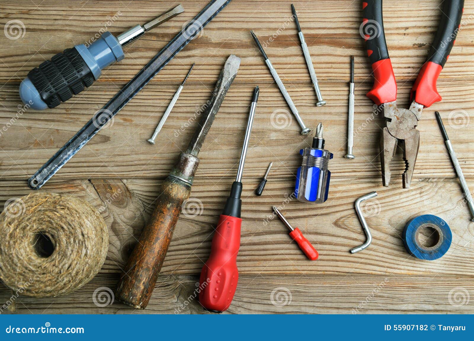 Set of Work Tools on a Wooden Table Horizontal Stock Photo - Image of ...