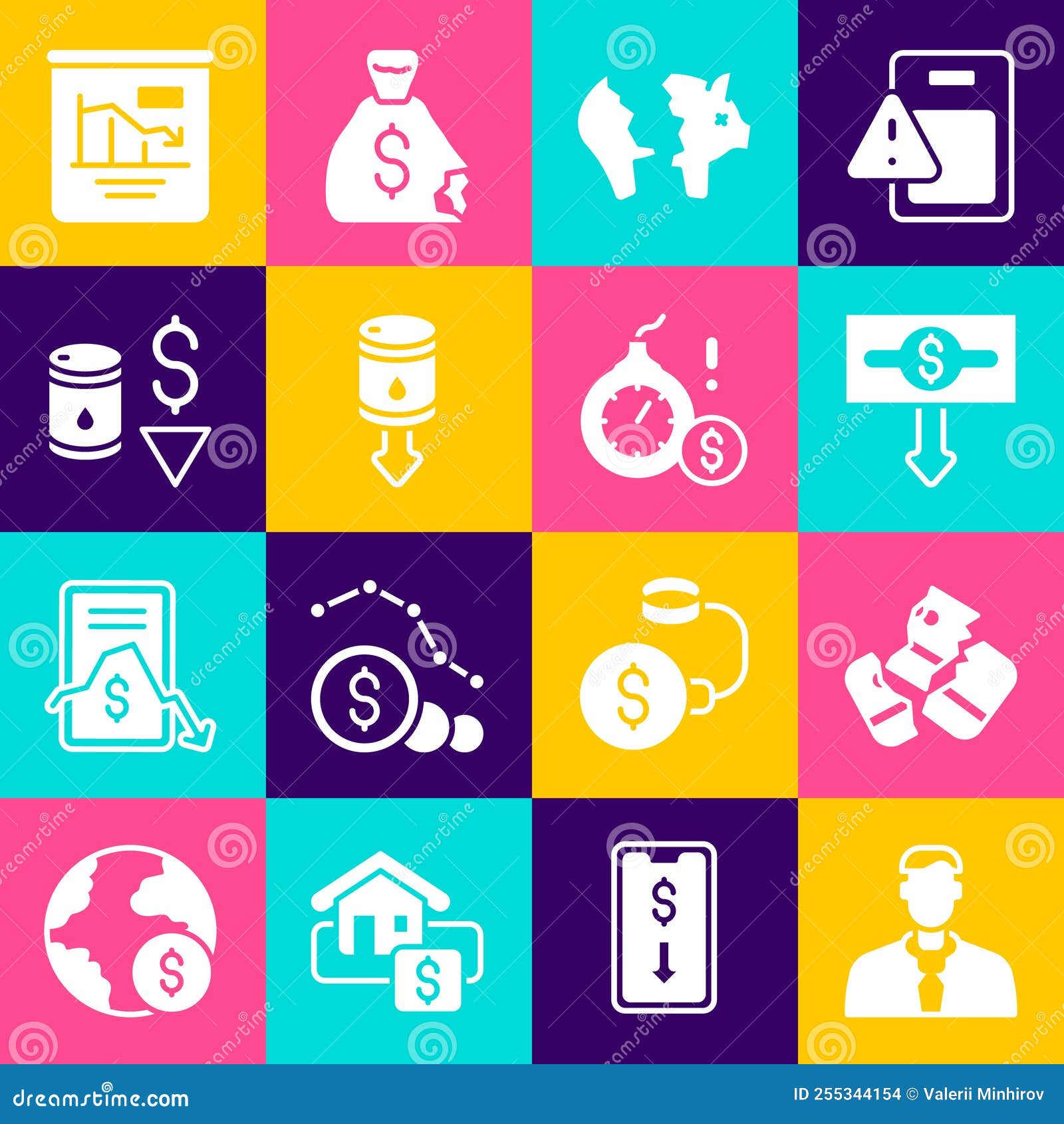 Set Worker, Credit Card, Dollar Rate Decrease, Broken Piggy Bank, Drop in Crude Oil Price, Pie ...