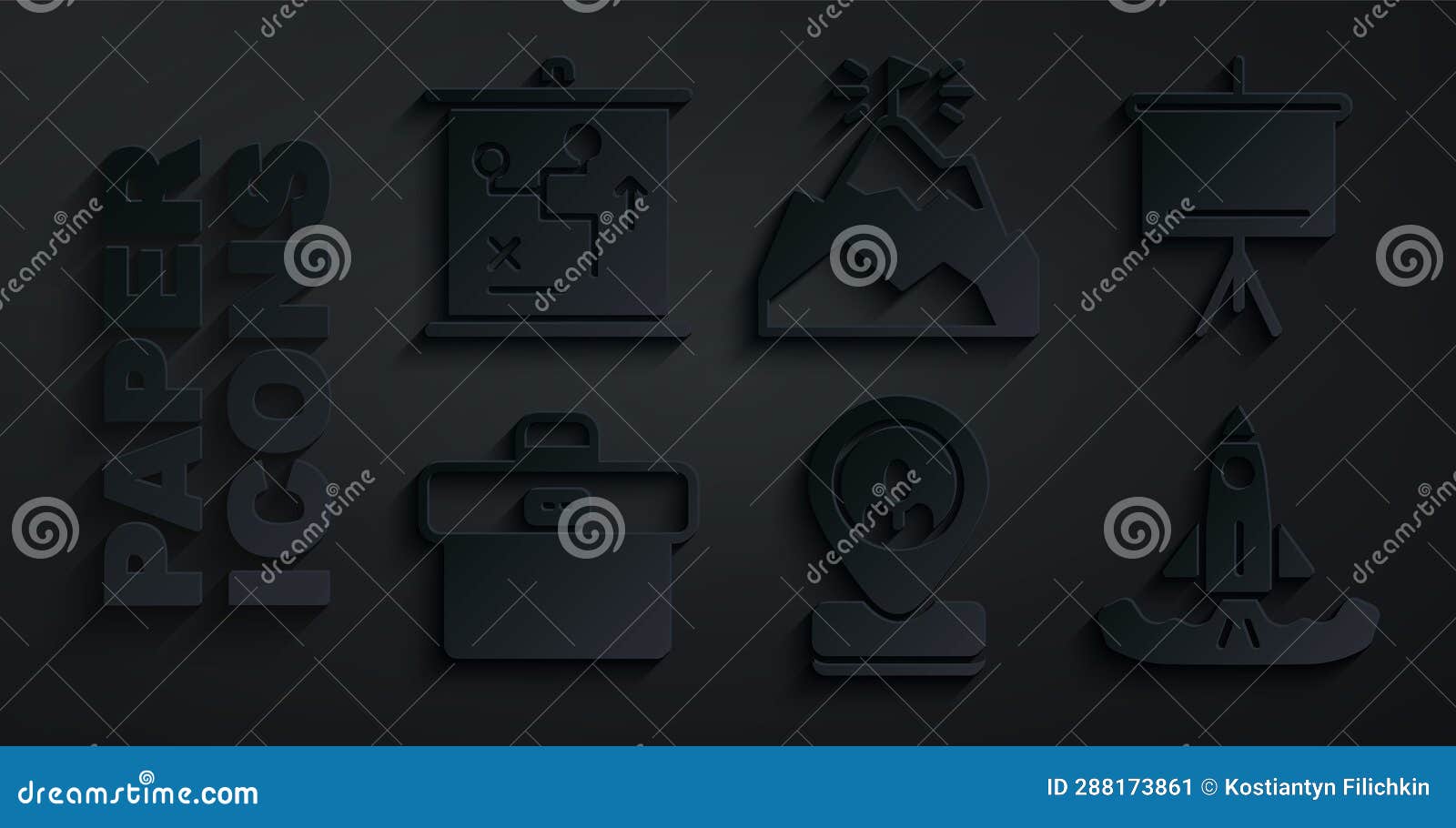 Set Worker Location, Chalkboard, Briefcase, Rocket, Mountains with Flag ...