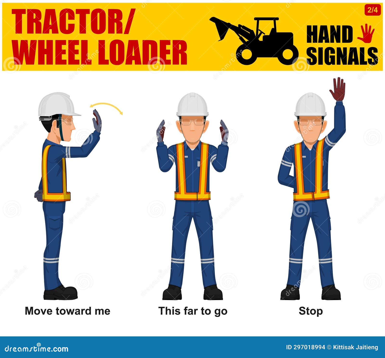Set of Worker Present Tractor WHeel Loader Hand Signal on White ...