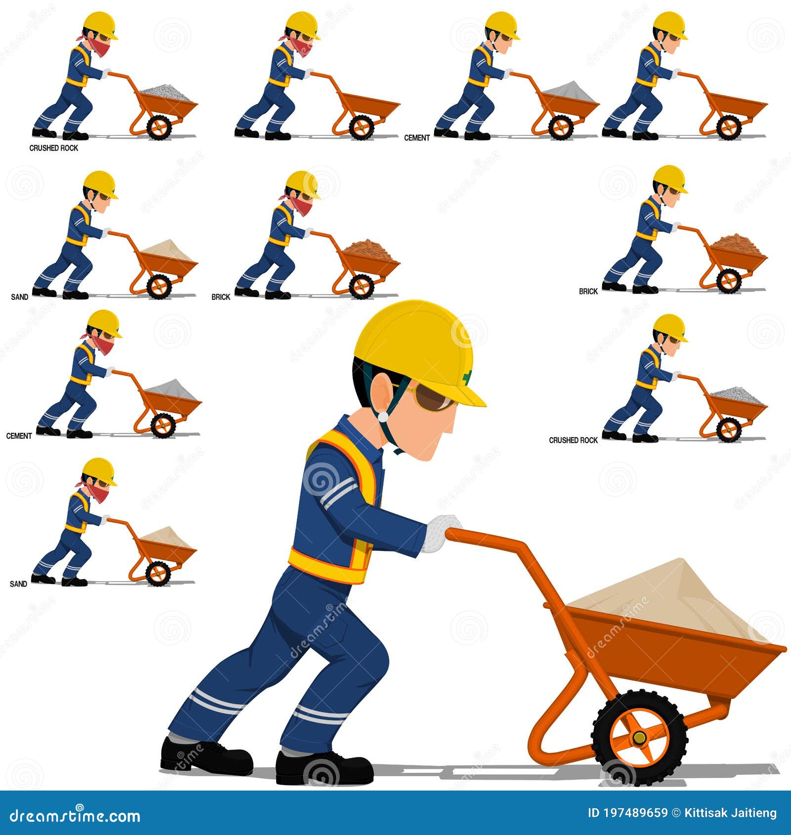 Set of Worker is Pushing with Construction Material Sand ,cement ...