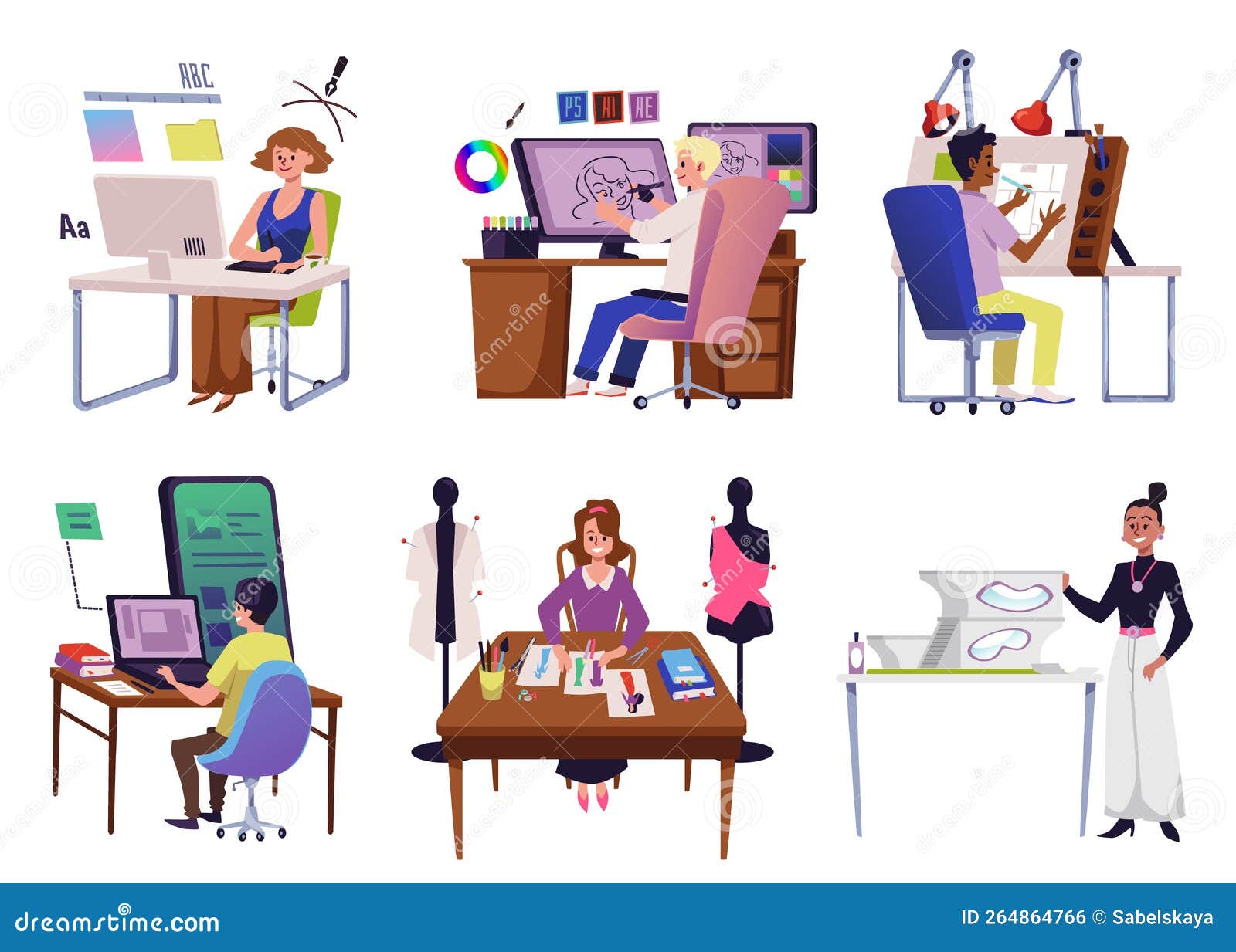 Set of Working Designer Characters from Different Fields Flat Style ...
