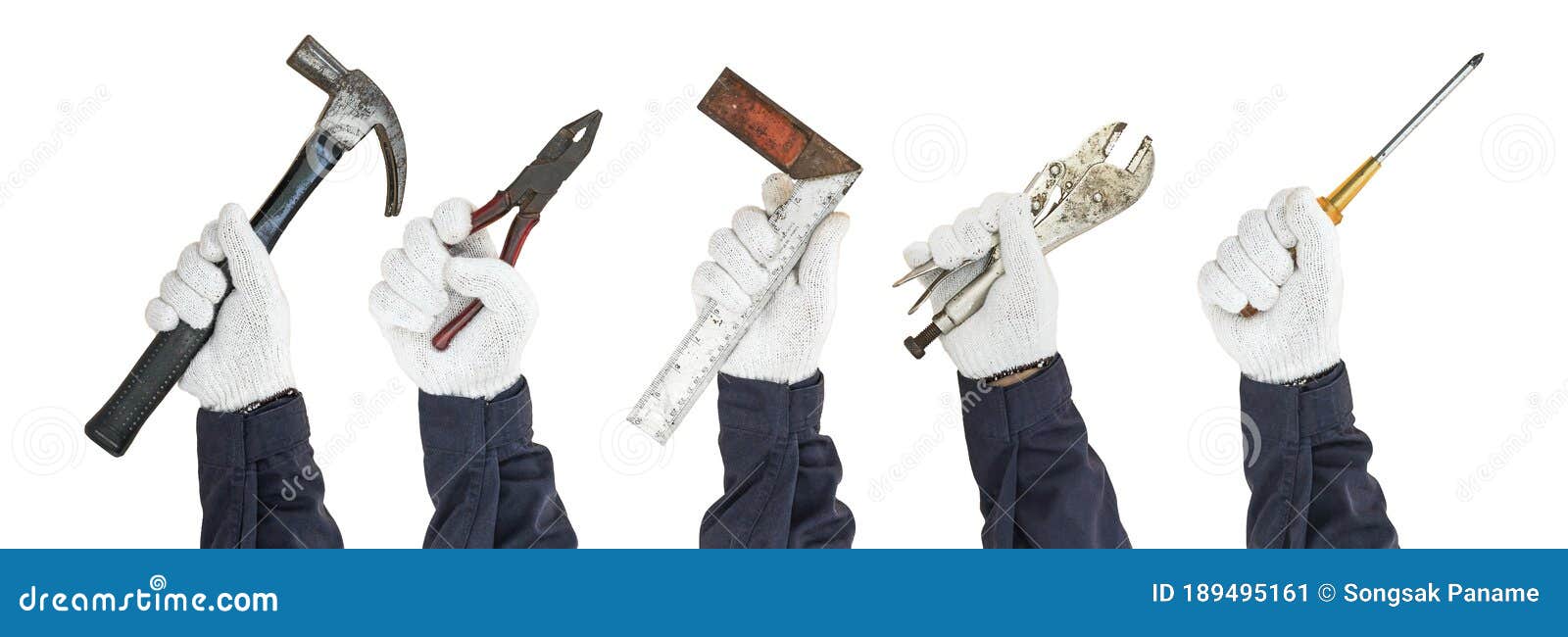 Set of Working Hand in Glove Holding Tools Stock Image - Image of brown ...