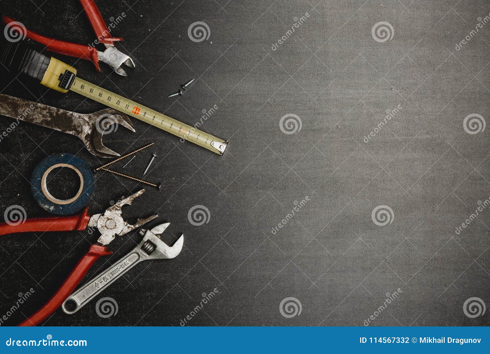 Set of Working Tools on Black Background Stock Photo - Image of ...