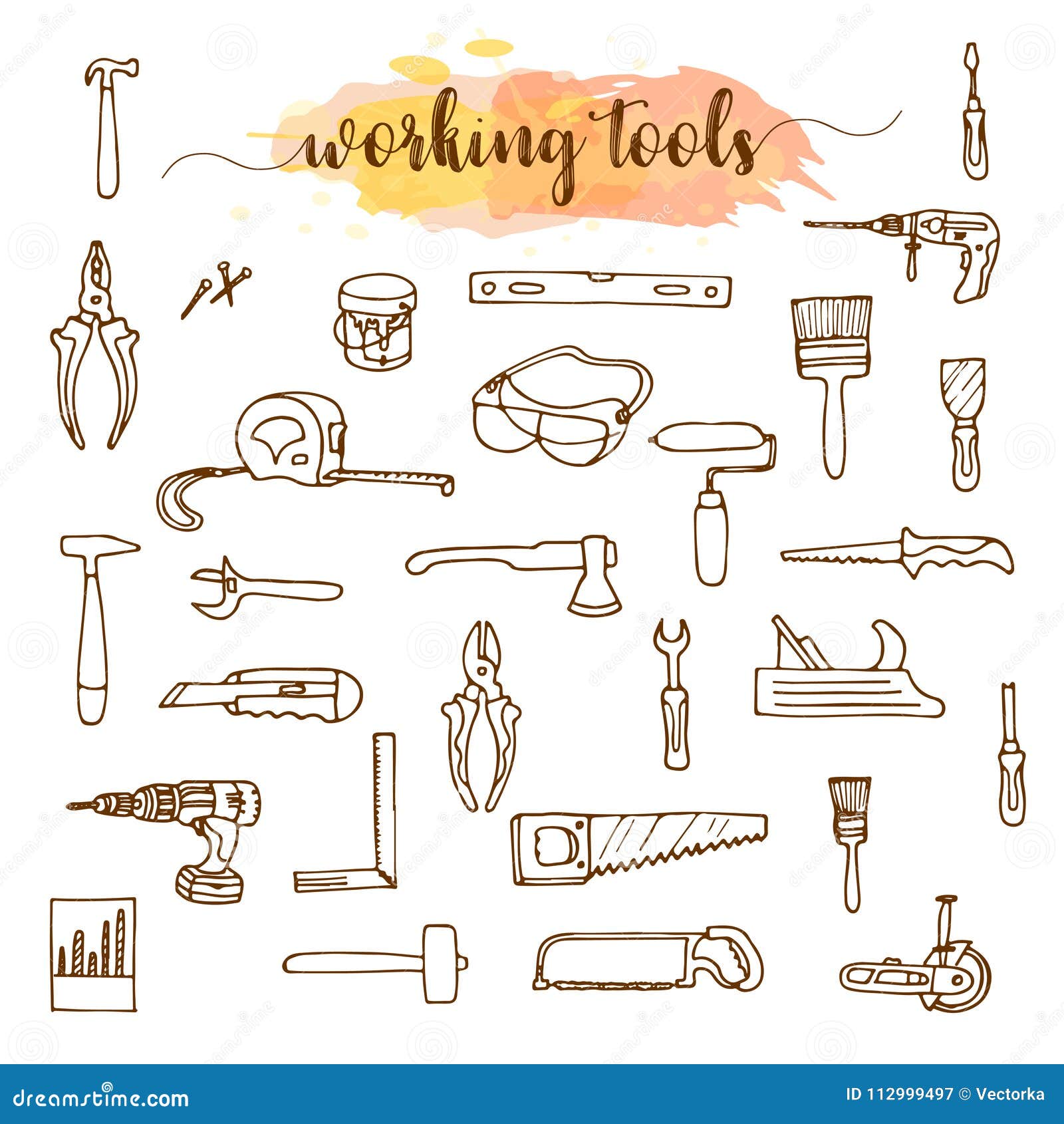 Set of Working Tools, Doodle Sketch Stock Illustration - Illustration ...