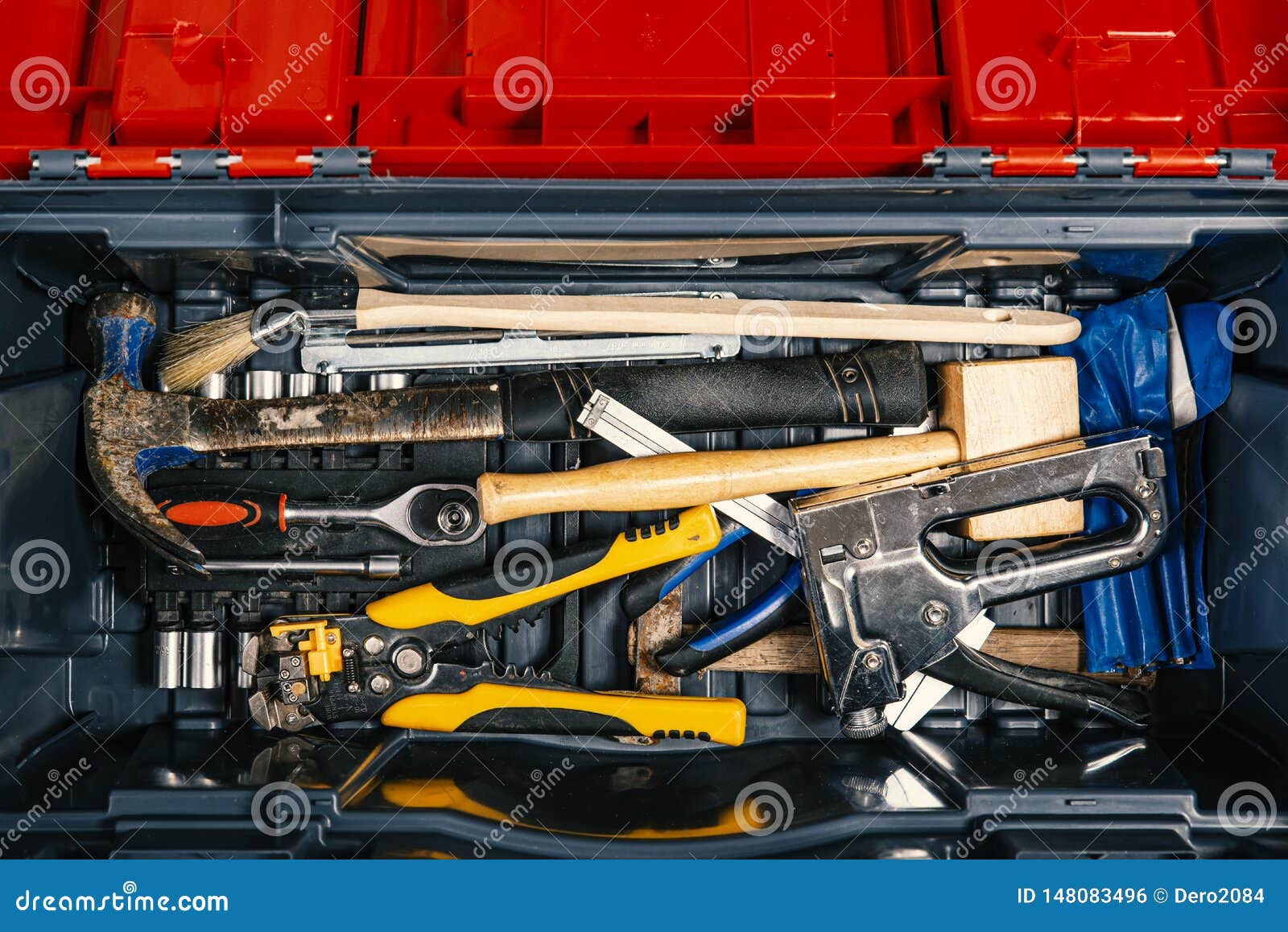 Set of Working Tools in Tool Box, Top View. DIY Theme Stock Photo ...